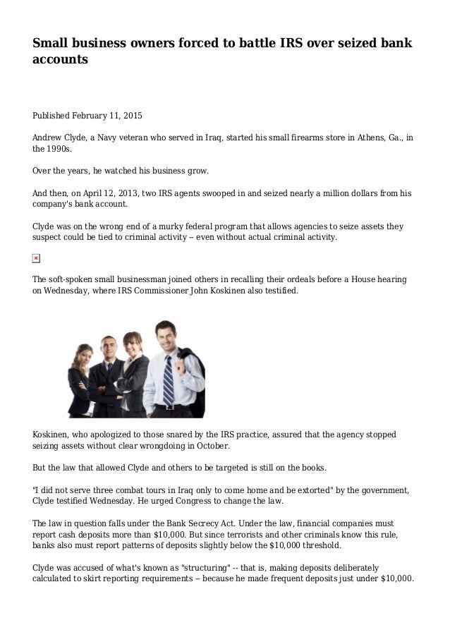 Small business owners forced to battle IRS over seized bank accounts