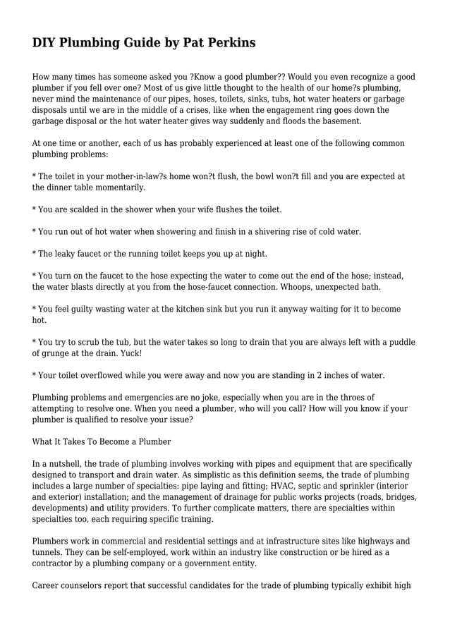 DIY Plumbing Guide by Pat Perkins | PDF