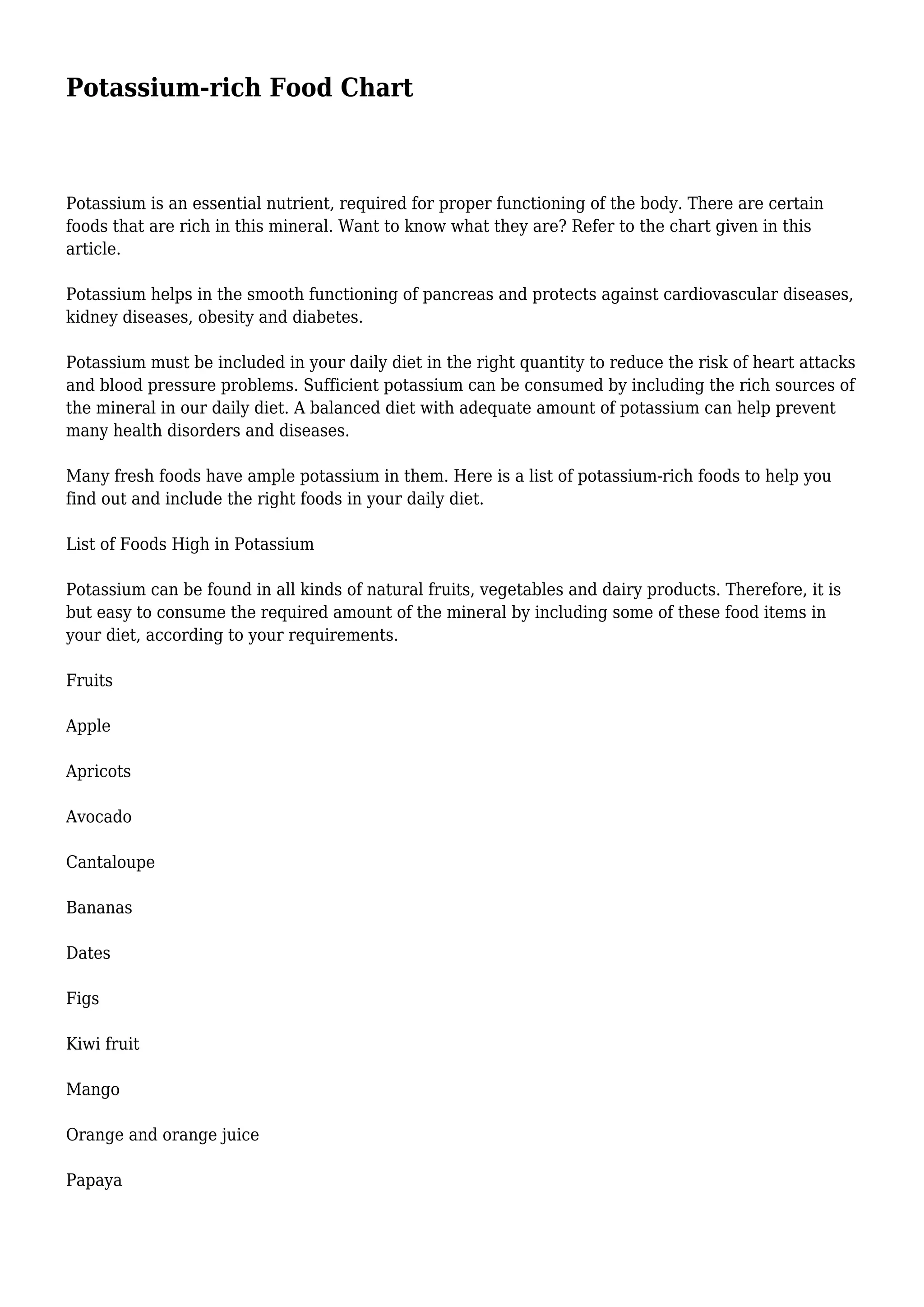 Potassium-rich Food Chart | PDF | Nutrition | Healthy Living