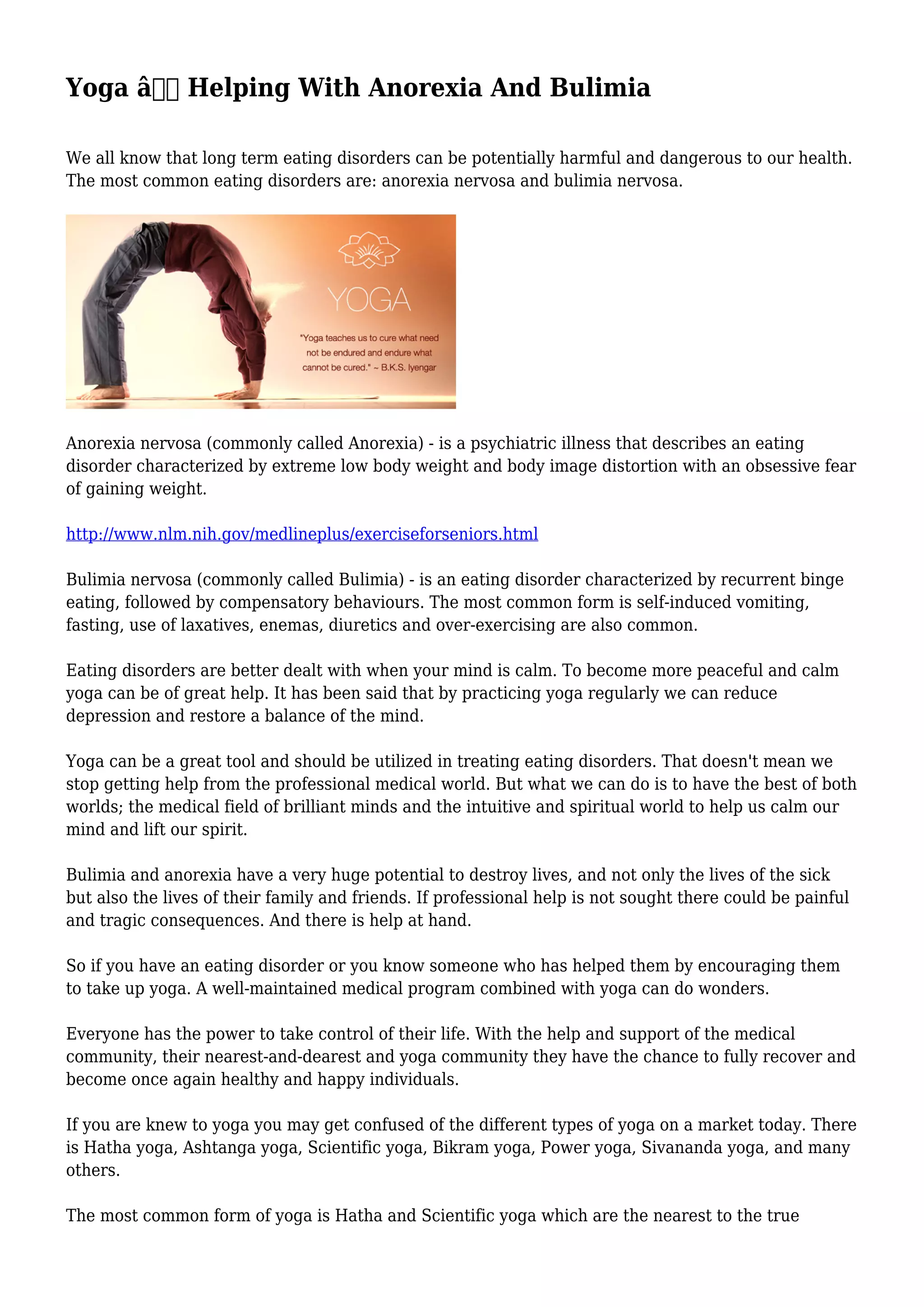 Yoga – Helping With Anorexia And Bulimia | PDF
