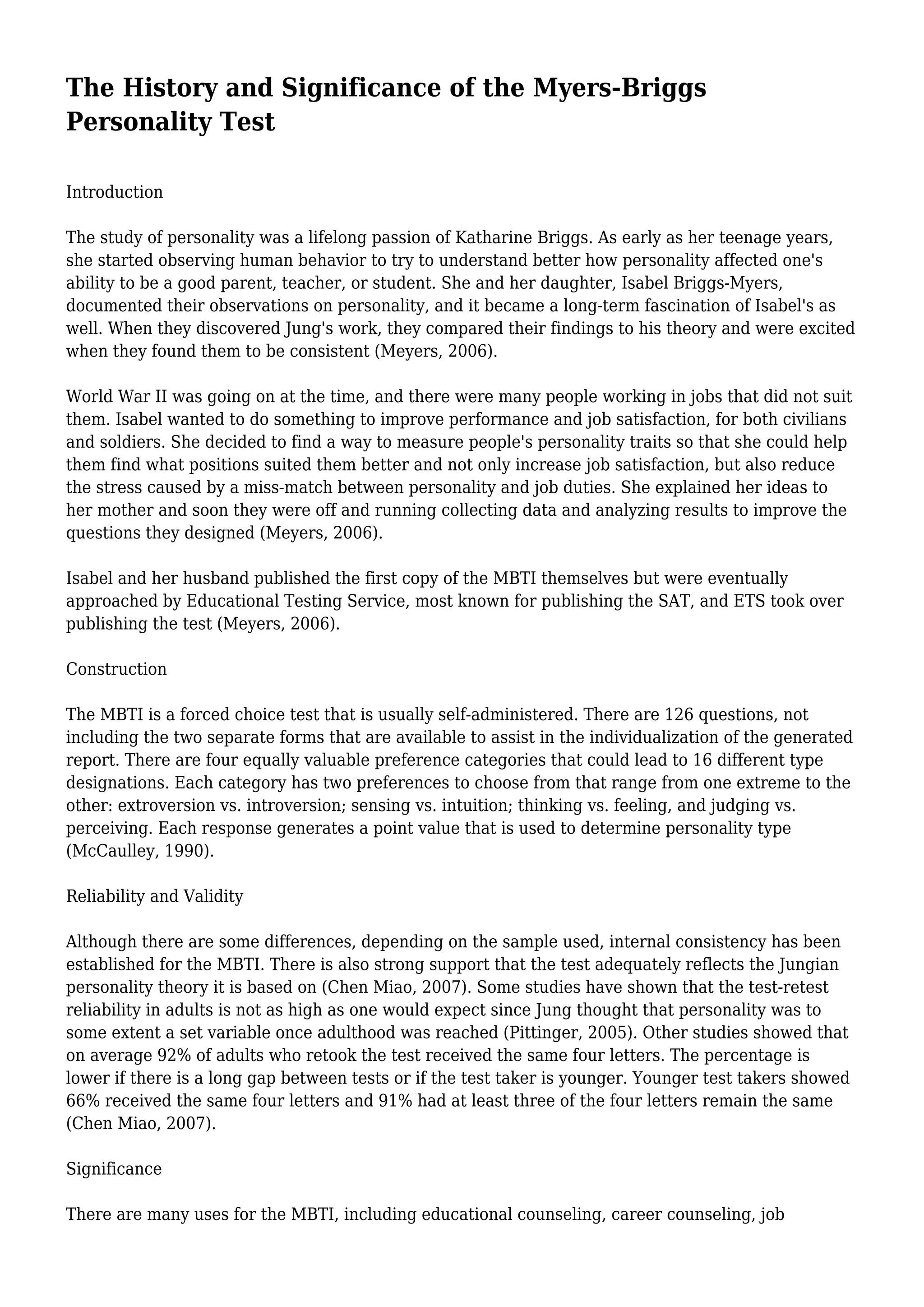 The History and Significance of the Myers-Briggs Personality Test | PDF