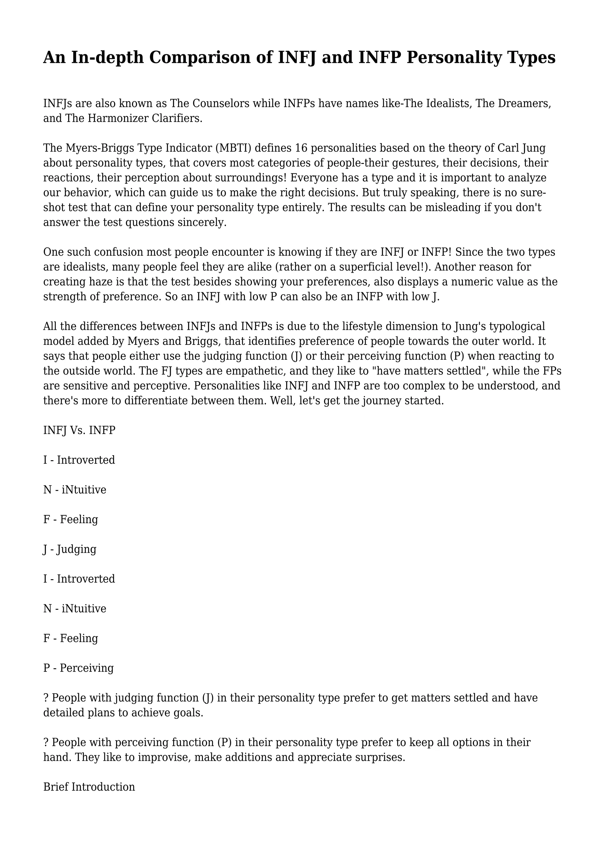 An In-depth Comparison of INFJ and INFP Personality Types | PDF