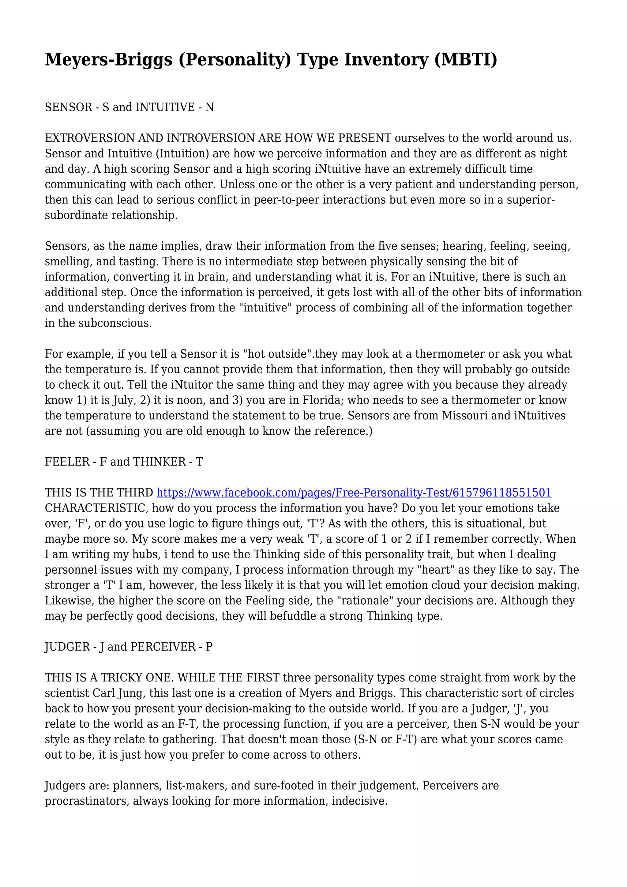 Meyers-Briggs (Personality) Type Inventory (MBTI) | PDF