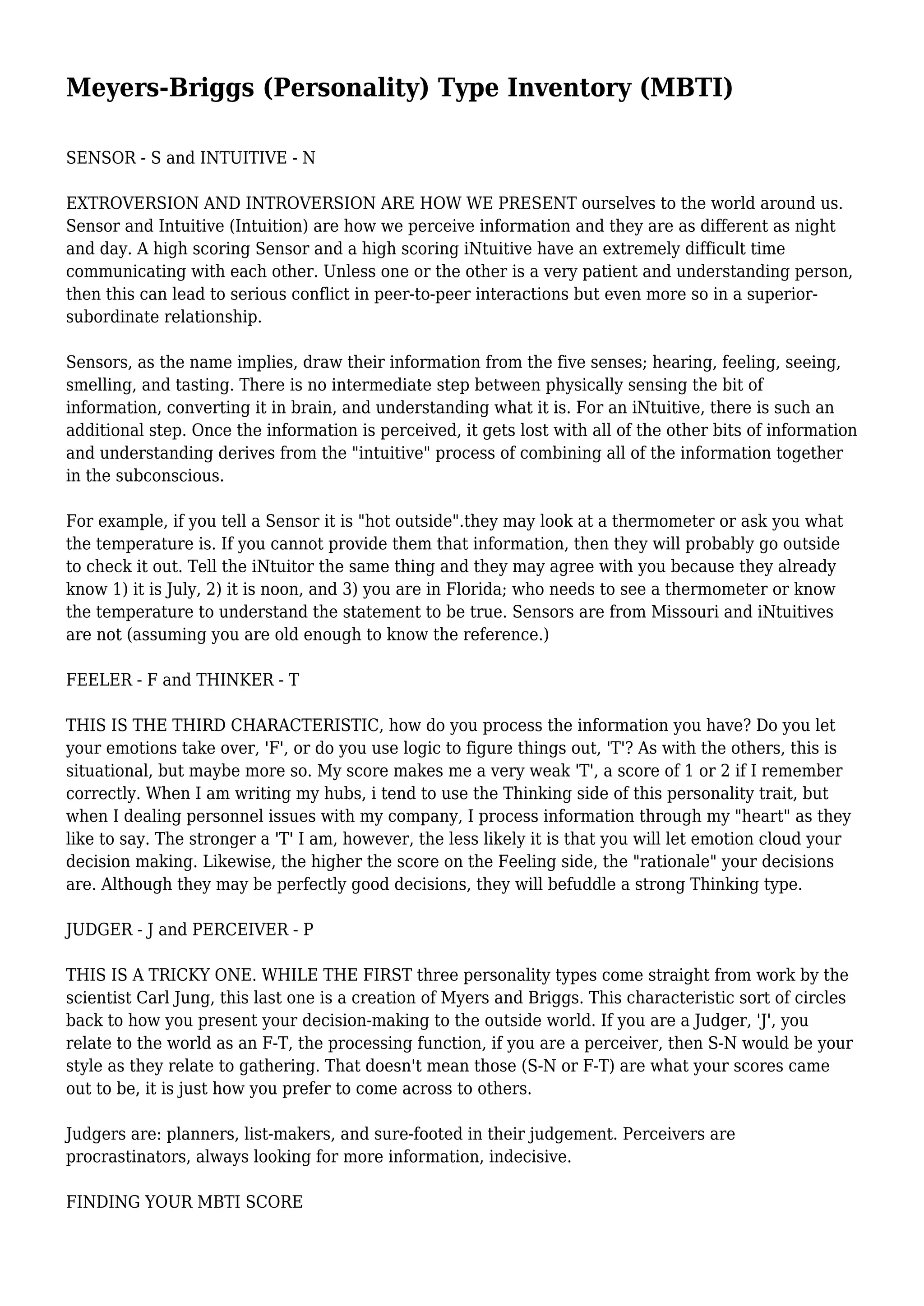 Meyers-Briggs (Personality) Type Inventory (MBTI) | PDF