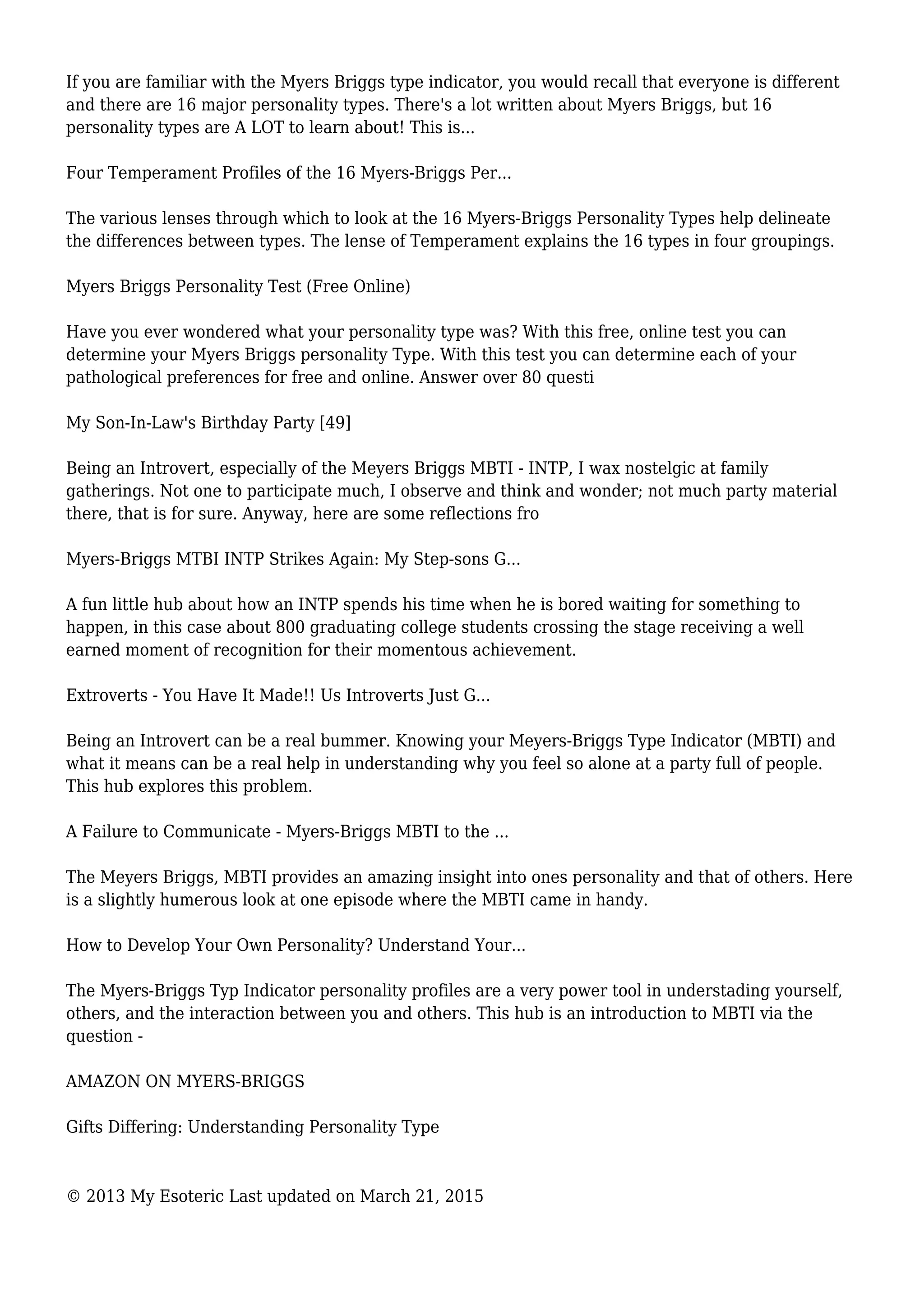 Meyers-Briggs (Personality) Type Inventory (MBTI) | PDF