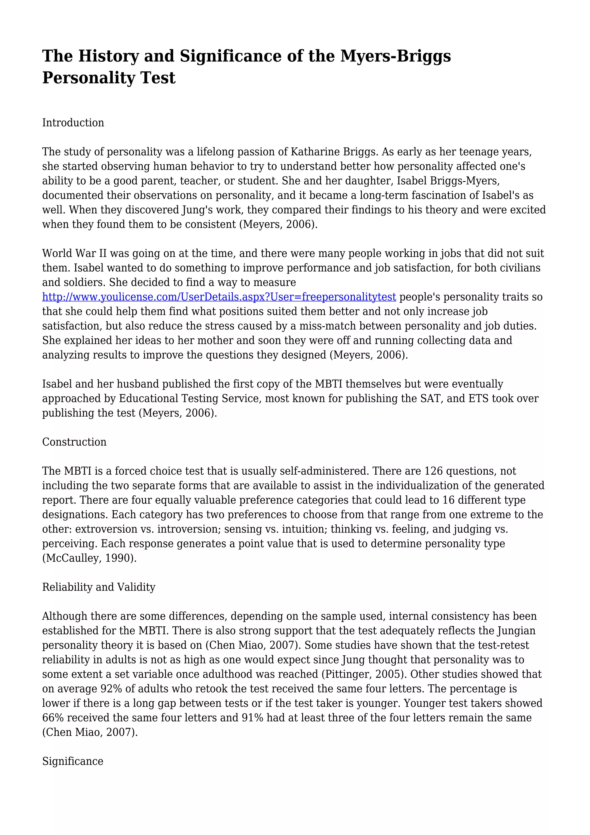 The History and Significance of the Myers-Briggs Personality Test | PDF