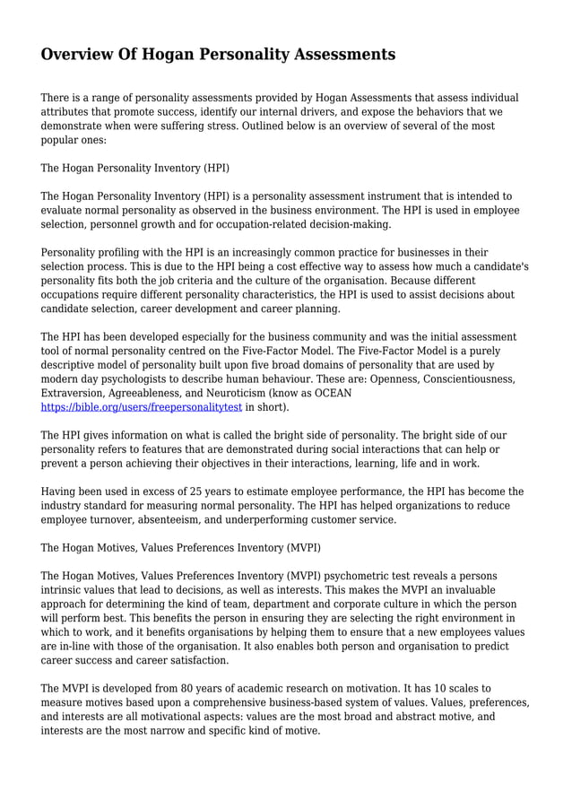 Overview Of Hogan Personality Assessments | PDF | Career Advice | Careers