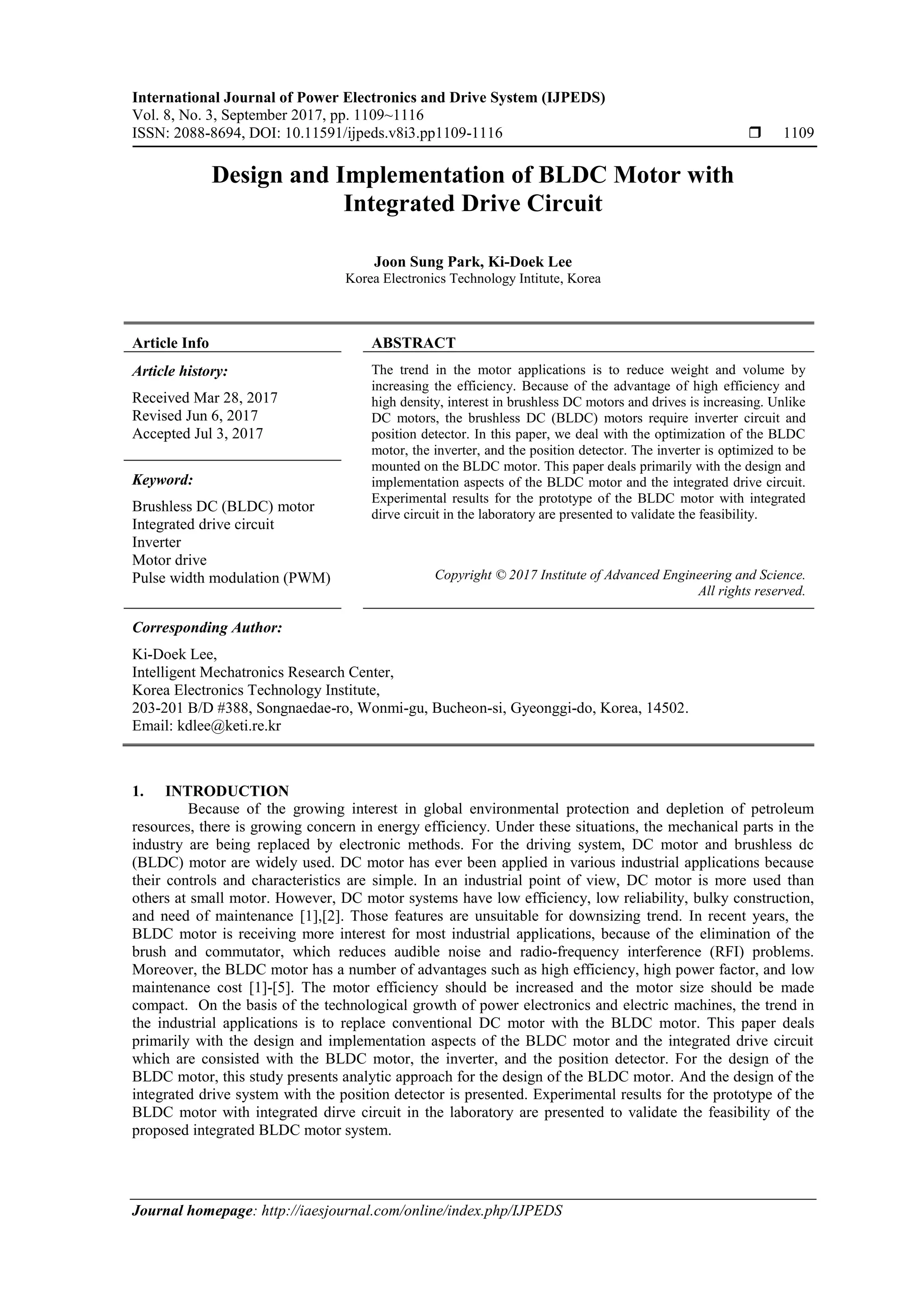 Design and Implementation of BLDC Motor with Integrated Drive Circuit | PDF