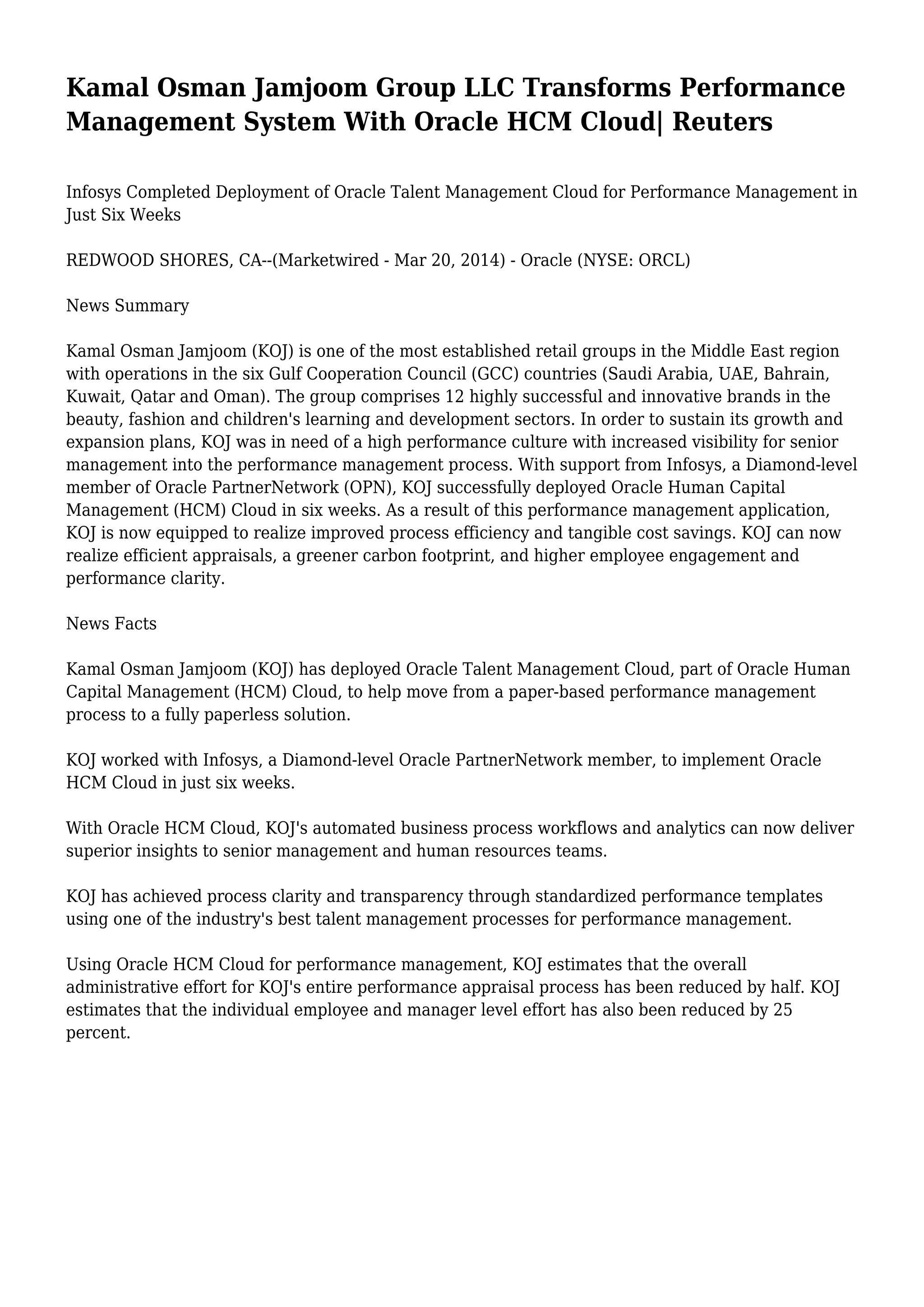 Kamal Osman Jamjoom Group LLC Transforms Performance Management System ...