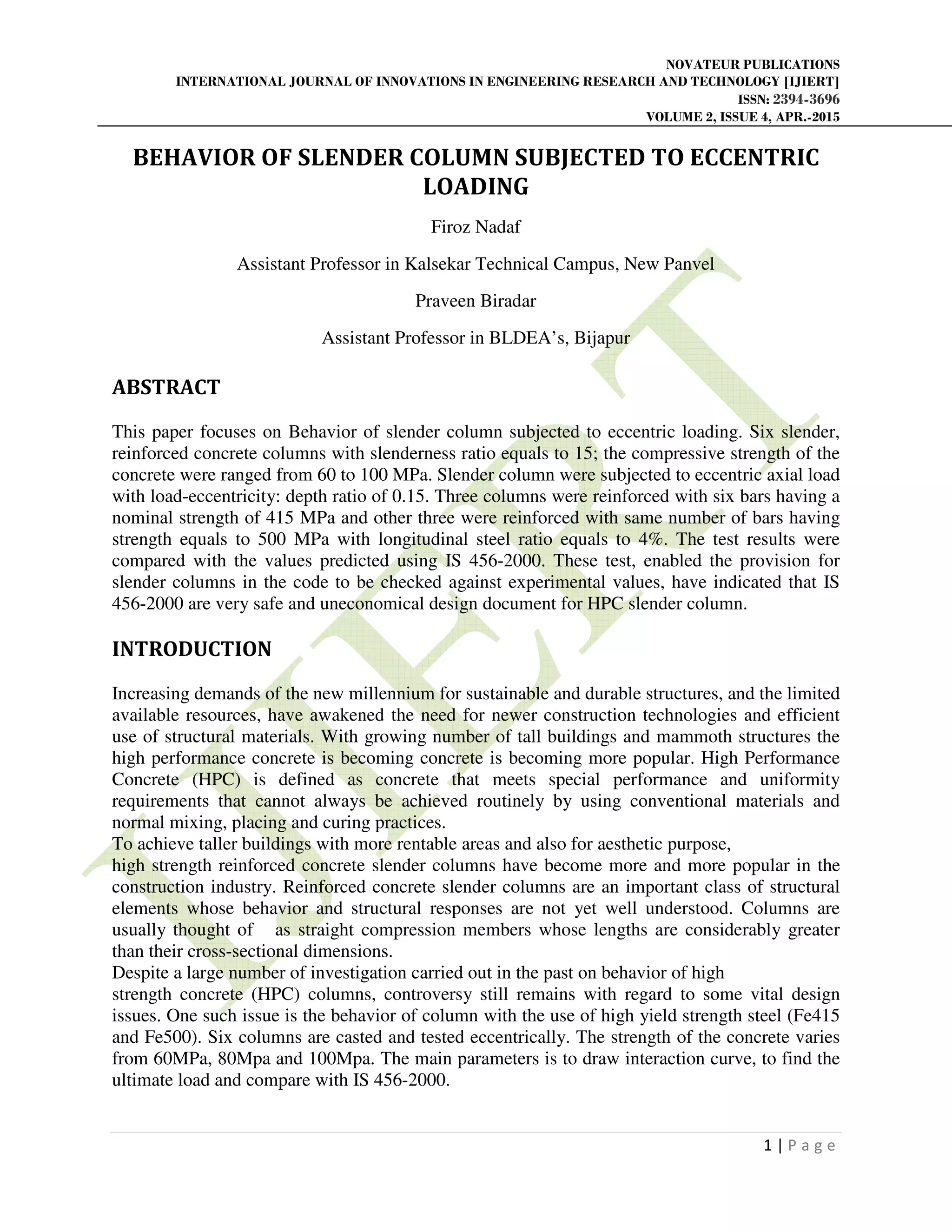 BEHAVIOR OF SLENDER COLUMN SUBJECTED TO ECCENTRIC LOADING | PDF