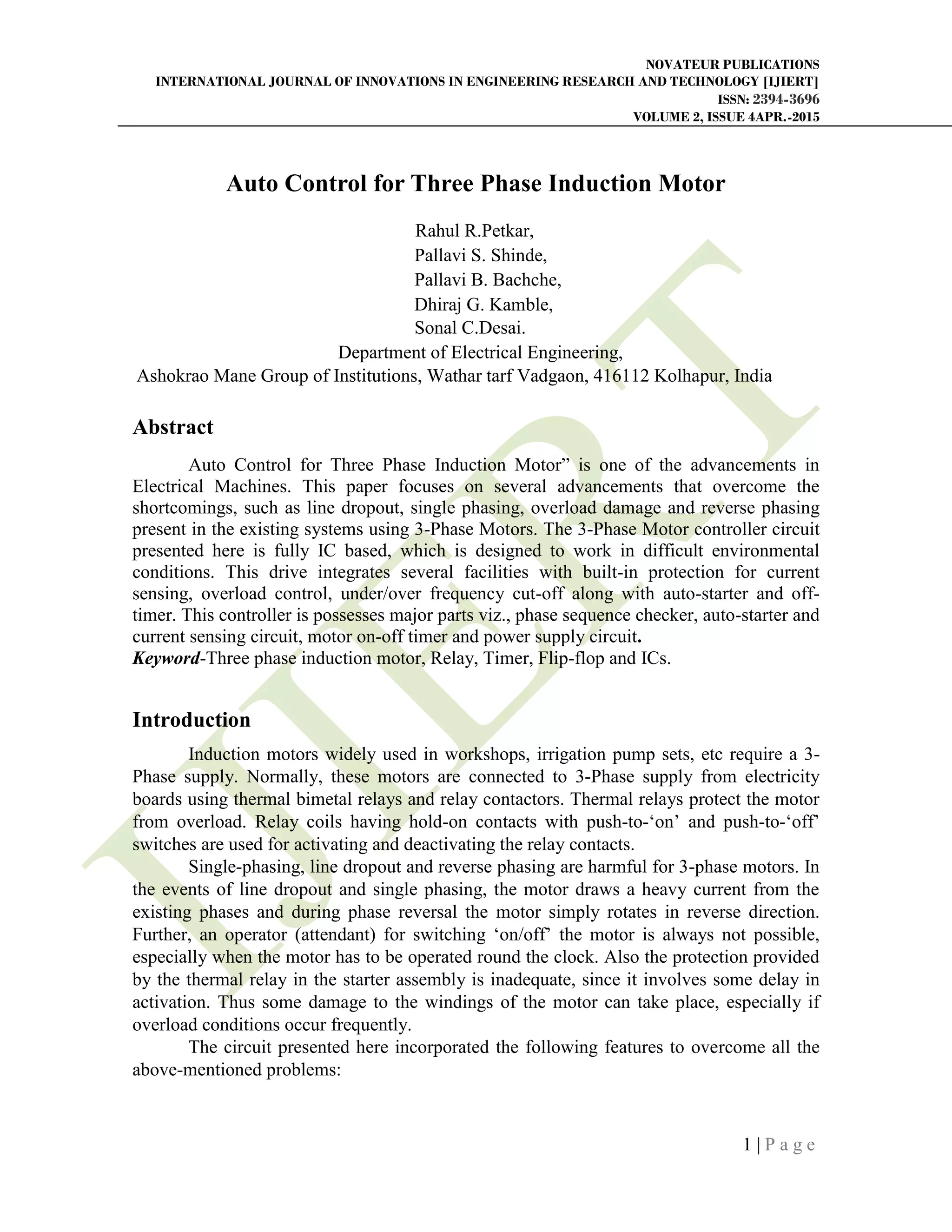 Auto Control for Three Phase Induction Motor | PDF