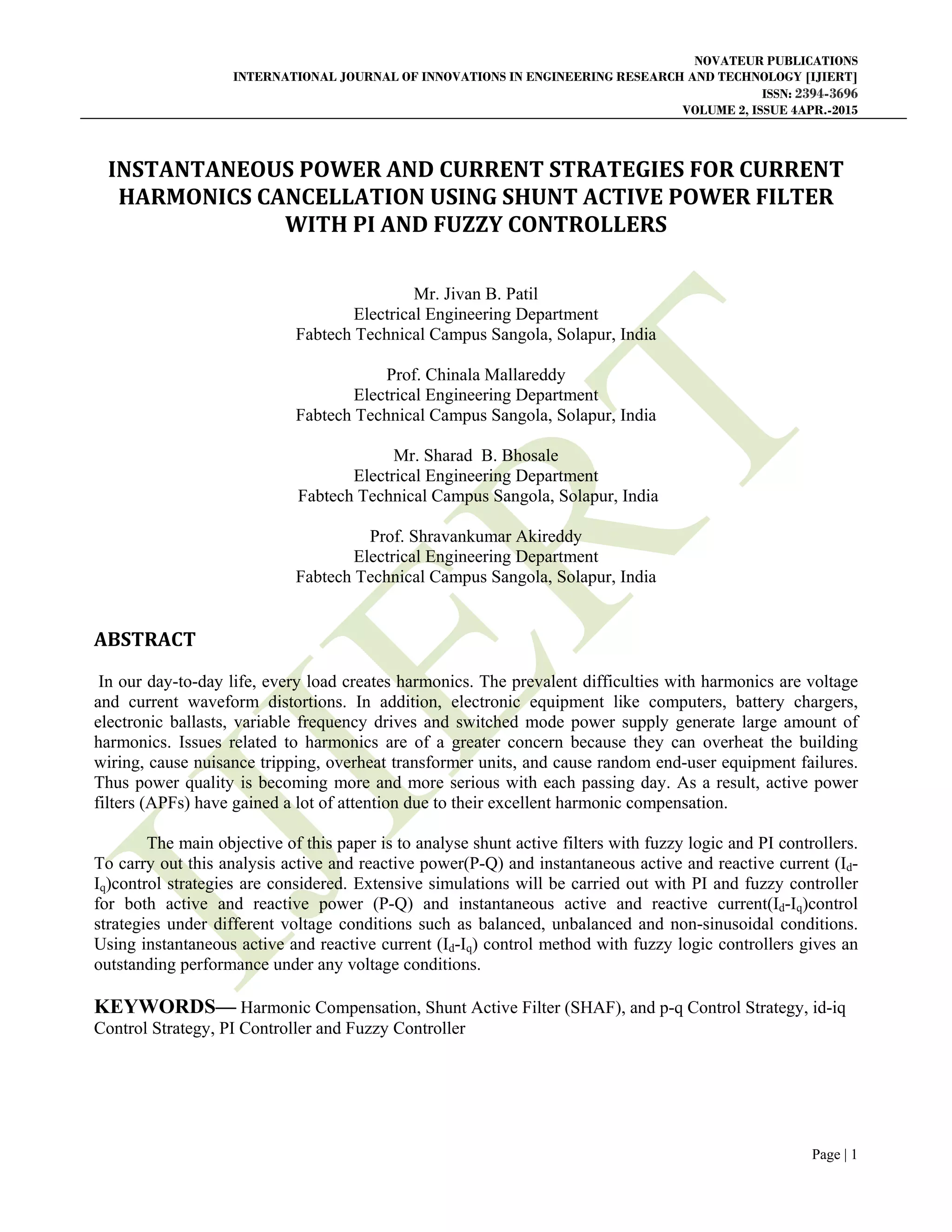 INSTANTANEOUS POWER AND CURRENT STRATEGIES FOR CURRENT HARMONICS ...