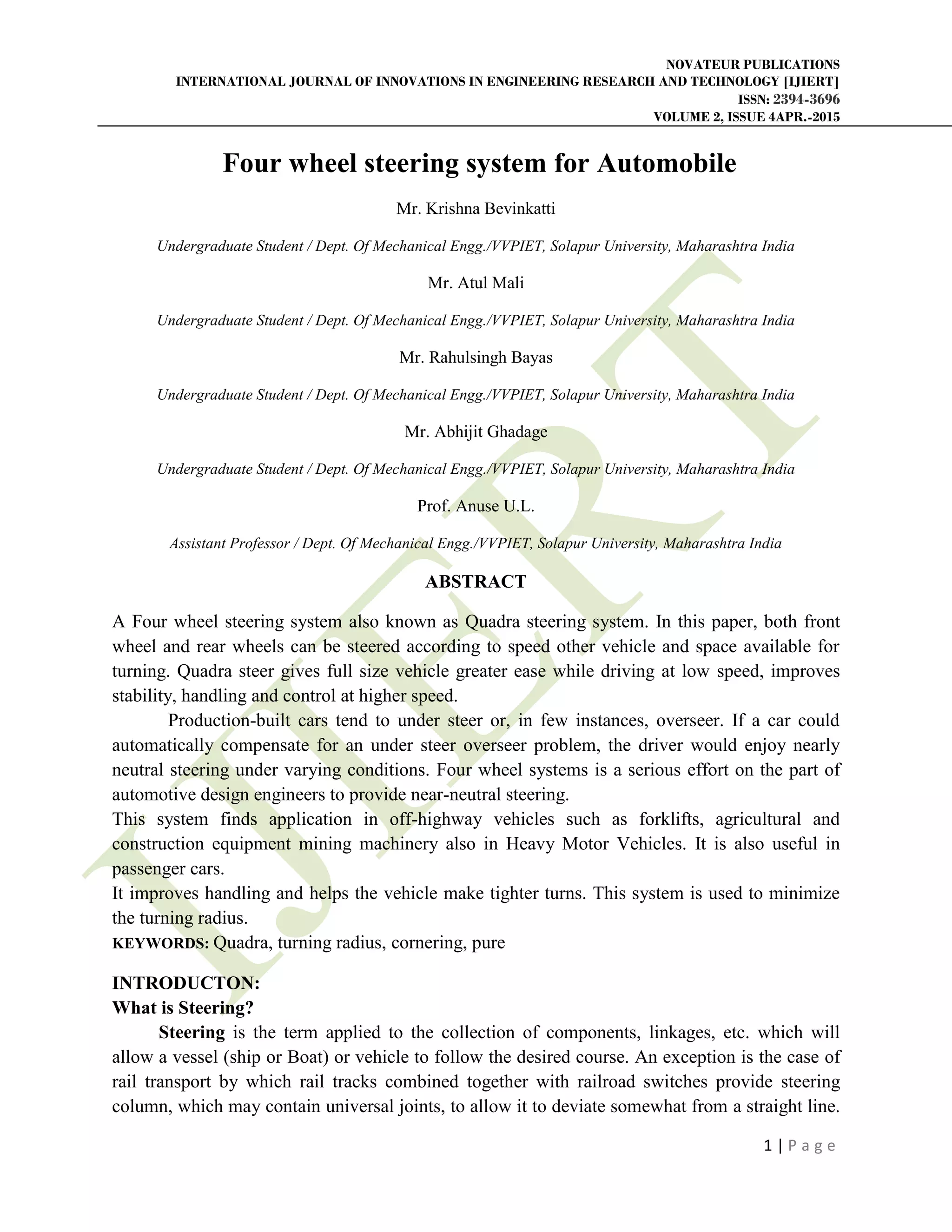Four wheel steering system for Automobile | PDF