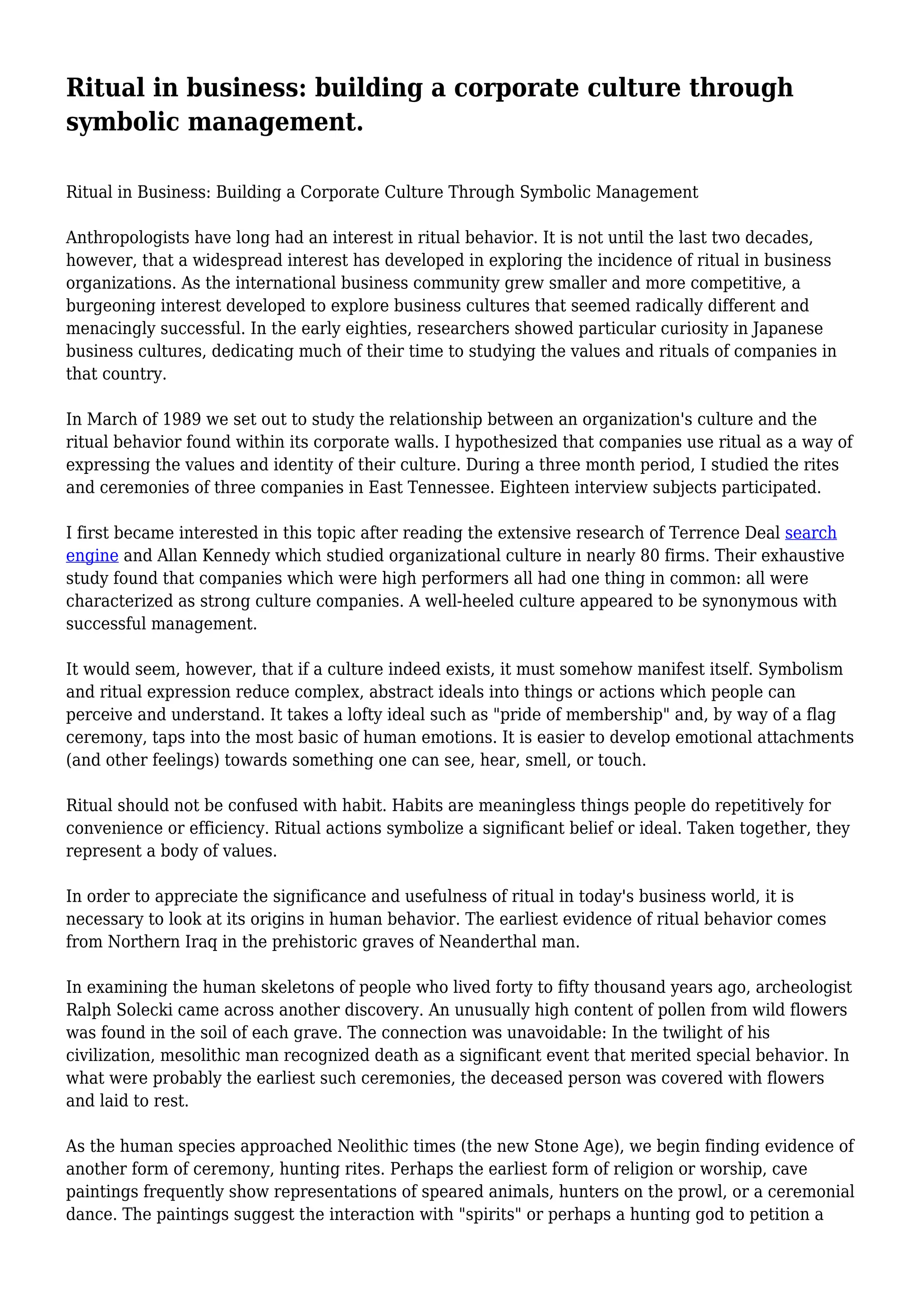 Ritual in business: building a corporate culture through symbolic ...