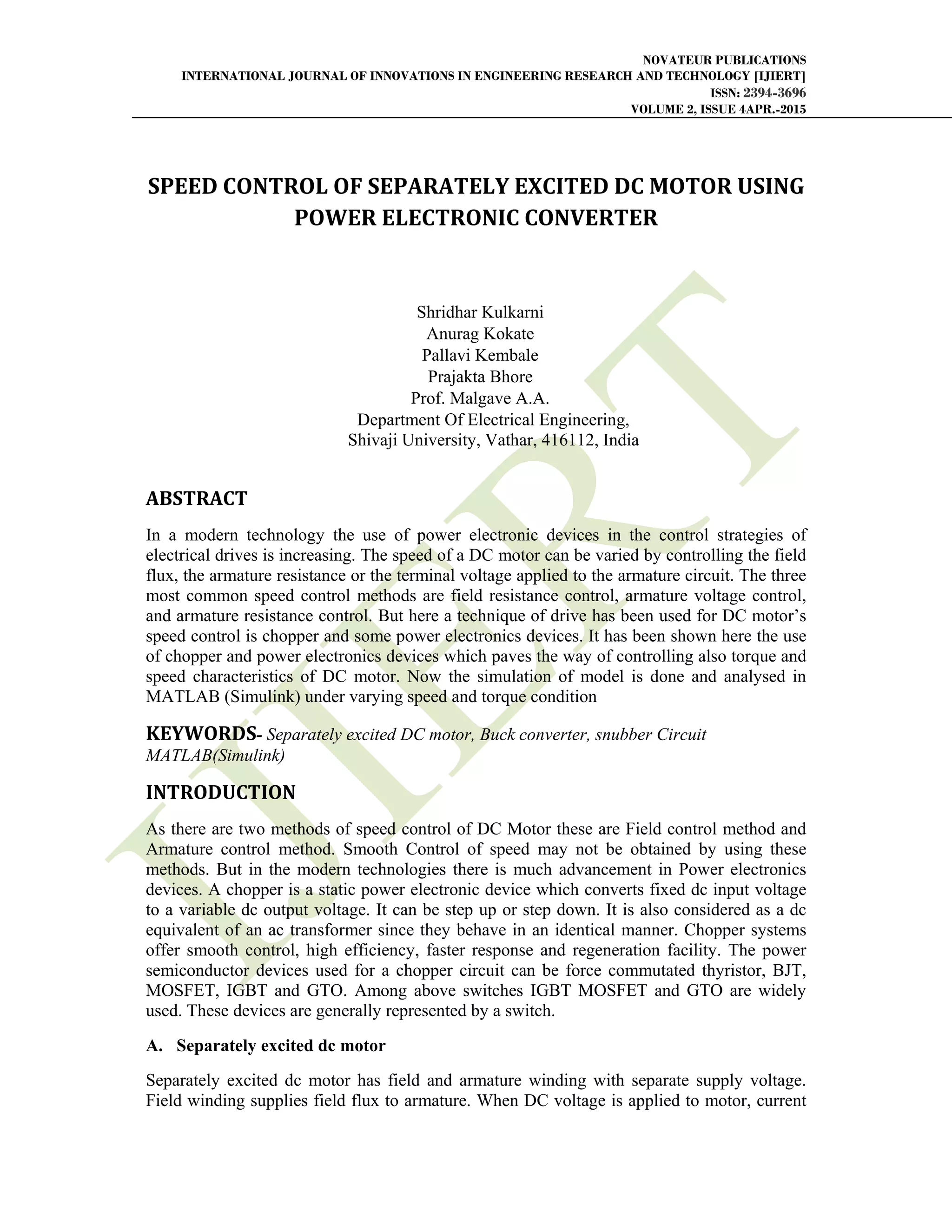 SPEED CONTROL OF SEPARATELY EXCITED DC MOTOR USING POWER ELECTRONIC ...