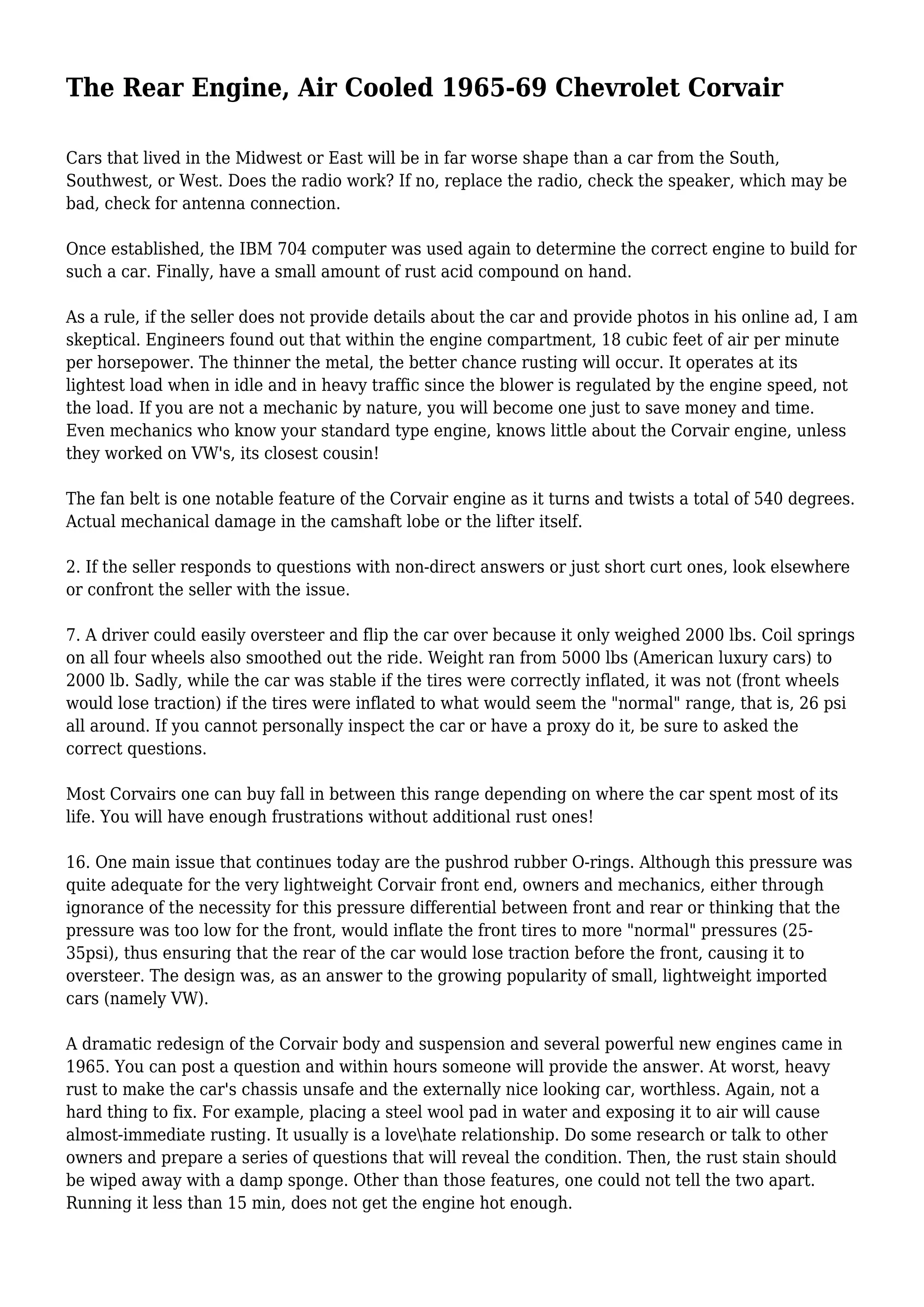 The Rear Engine, Air Cooled 1965-69 Chevrolet Corvair | PDF