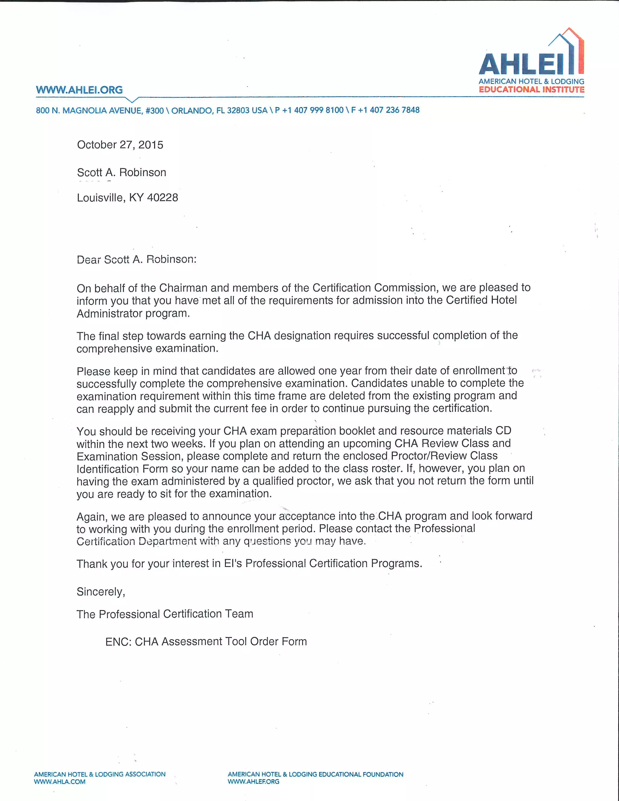 CHA Acceptance Letter | PDF