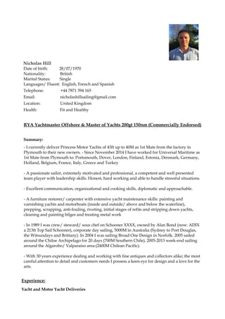 Nicholas Hill, Resume, May 2016, Yachtmaster Offshore, Master of Yachts 200gt | DOC | Cruises ...