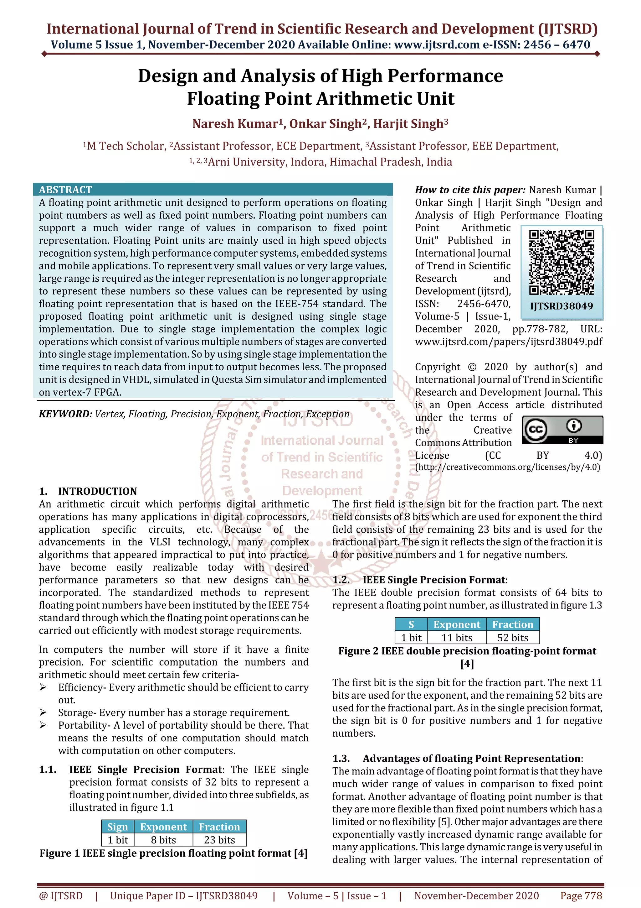 Design and Analysis of High Performance Floating Point Arithmetic Unit | PDF