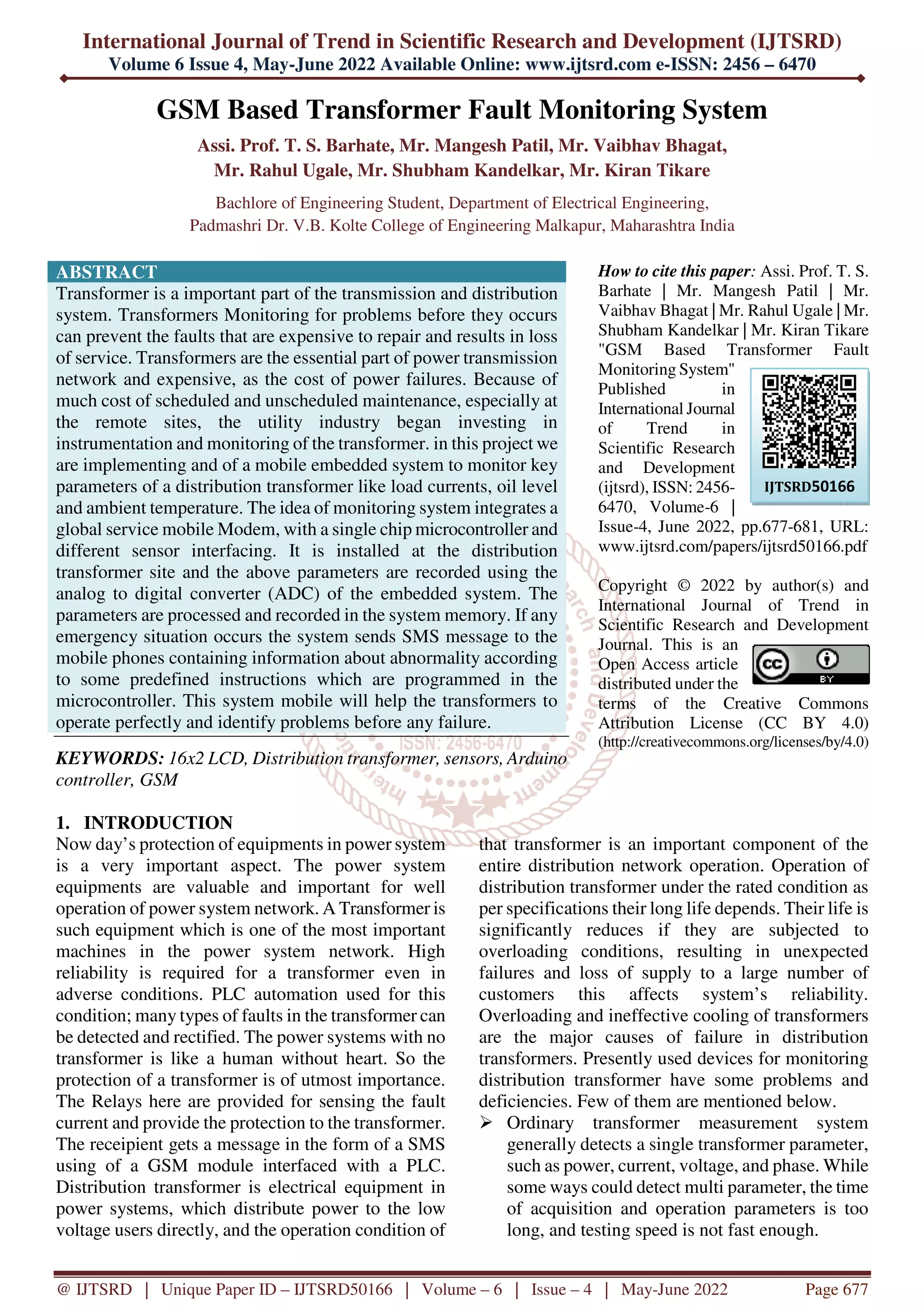 Gsm Based Transformer Fault Monitoring System Pdf
