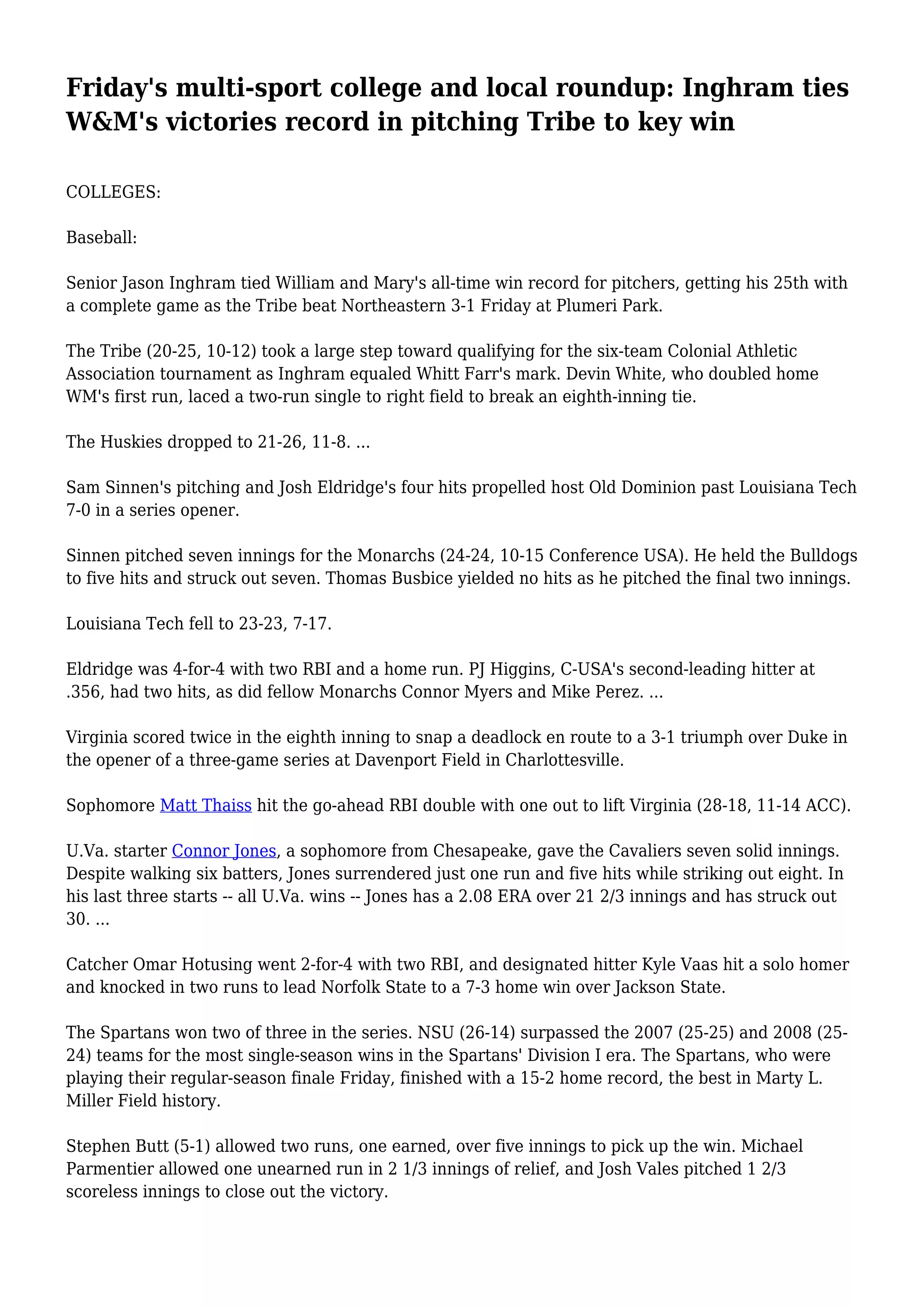 Friday's multi-sport college and local roundup: Inghram ties W&M's ...