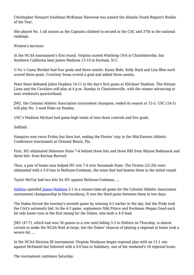 Friday's multi-sport college and local roundup: Inghram ties W&M's ...