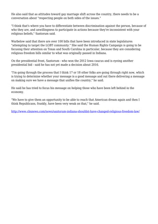 Santorum on Indiana law: Tolerance is "two-way street" | PDF | Debated Sensitive Social Issues ...