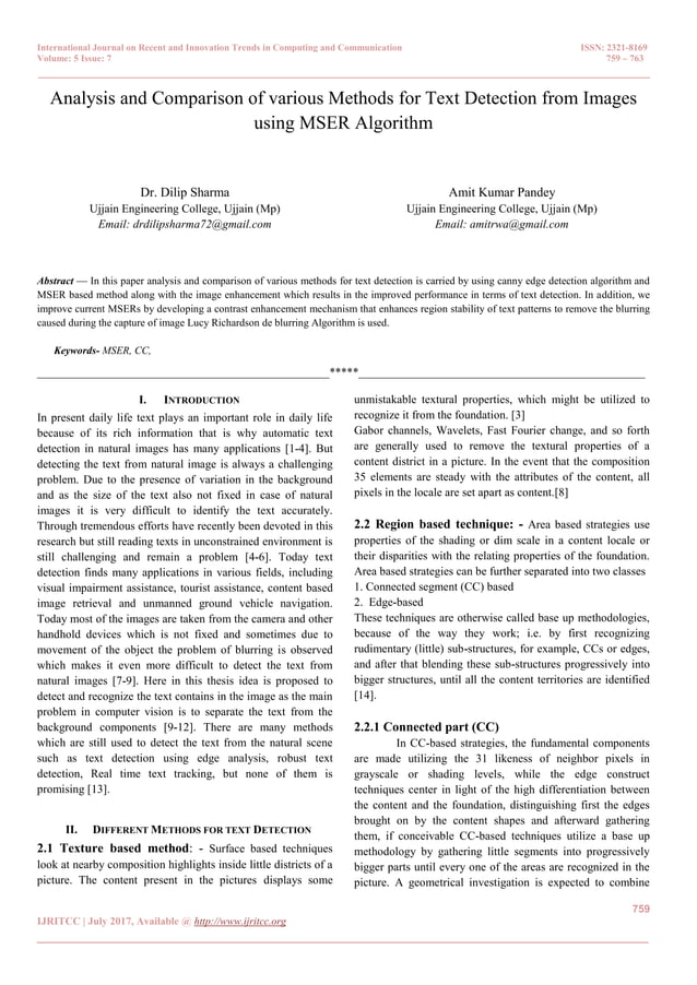 Analysis and Comparison of various Methods for Text Detection from Images using MSER Algorithm ...