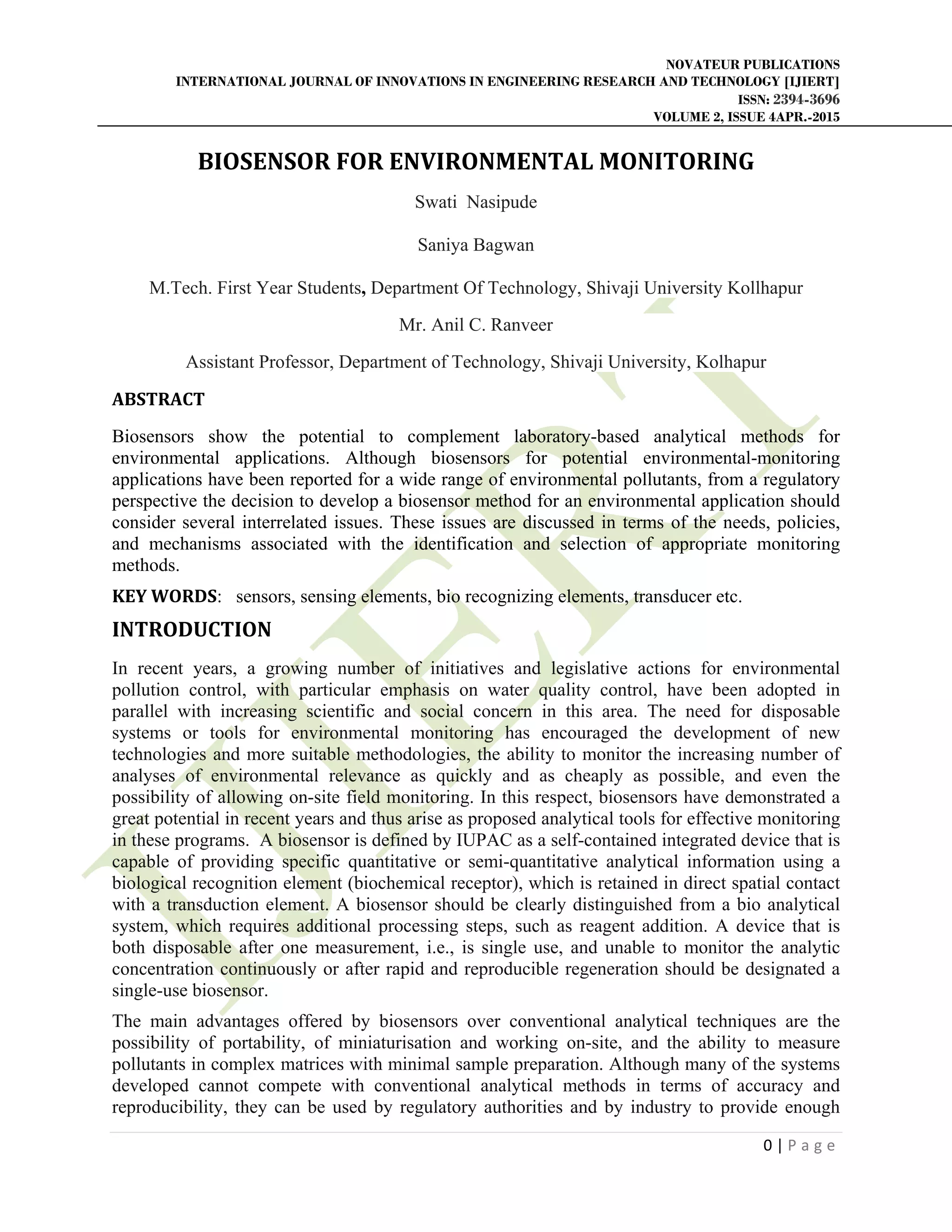 BIOSENSOR FOR ENVIRONMENTAL MONITORING | PDF