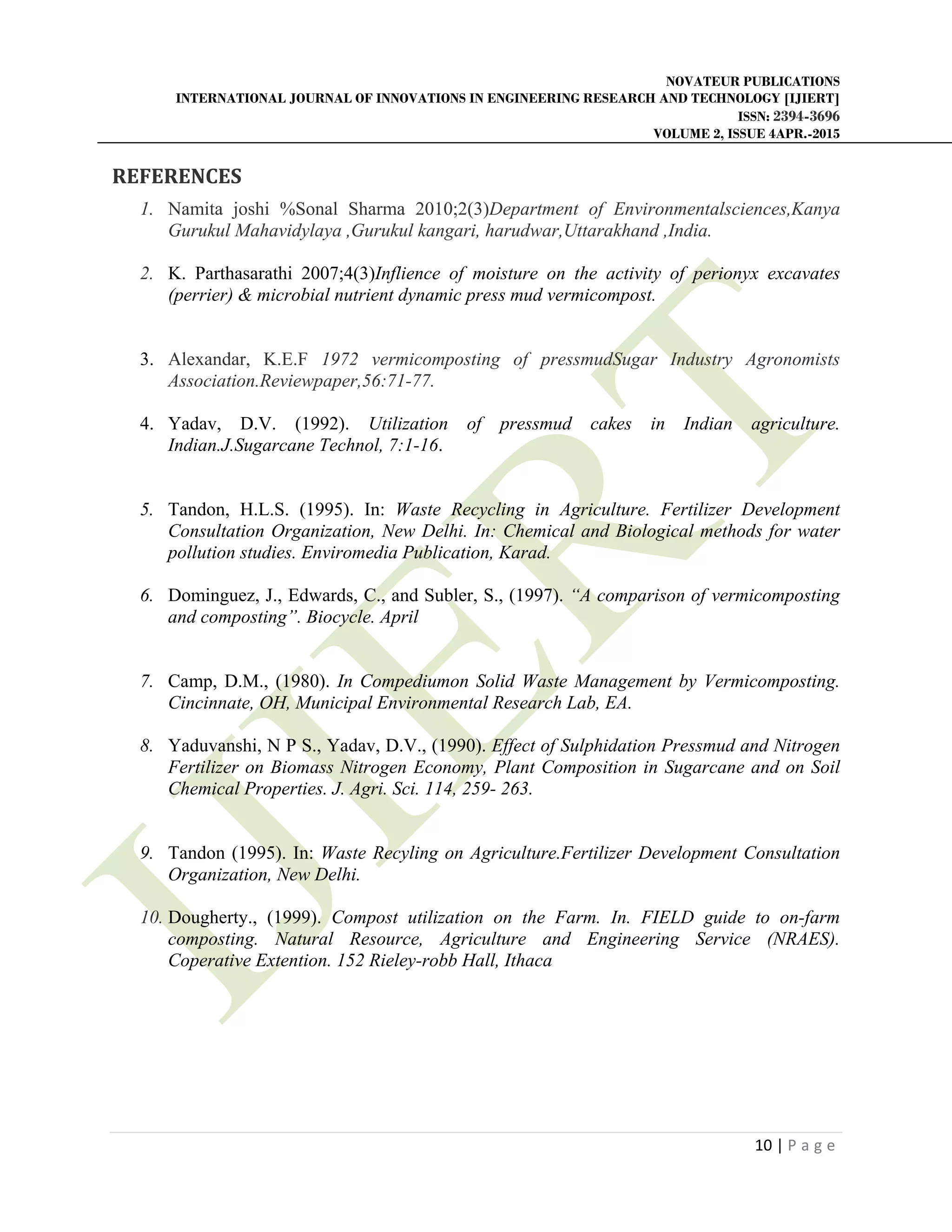 VERMICOMPOSTING OF PRESSMUD FROM SUGAR INDUSTRY | PDF