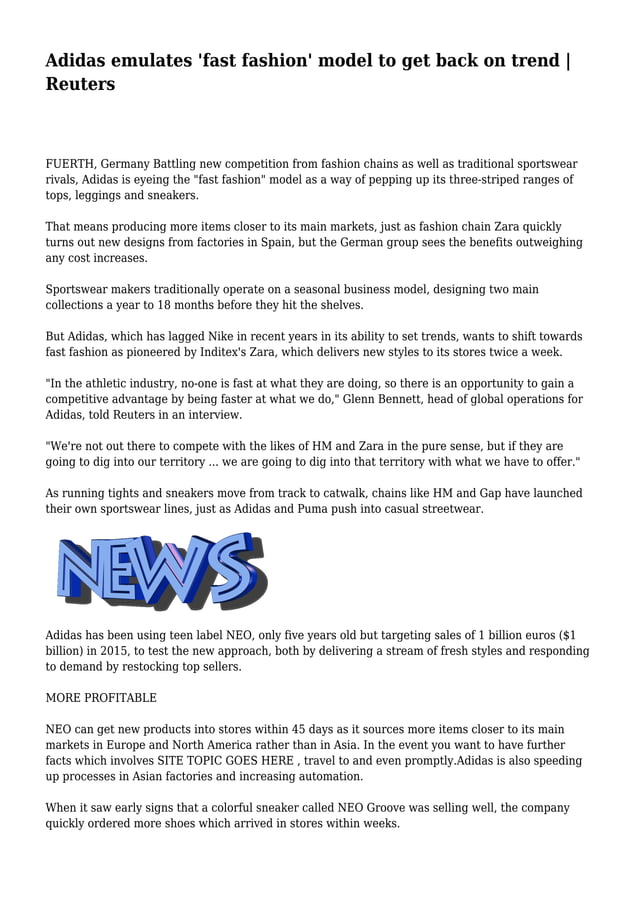 Adidas emulates 'fast fashion' model to get back on trend | Reuters | PDF