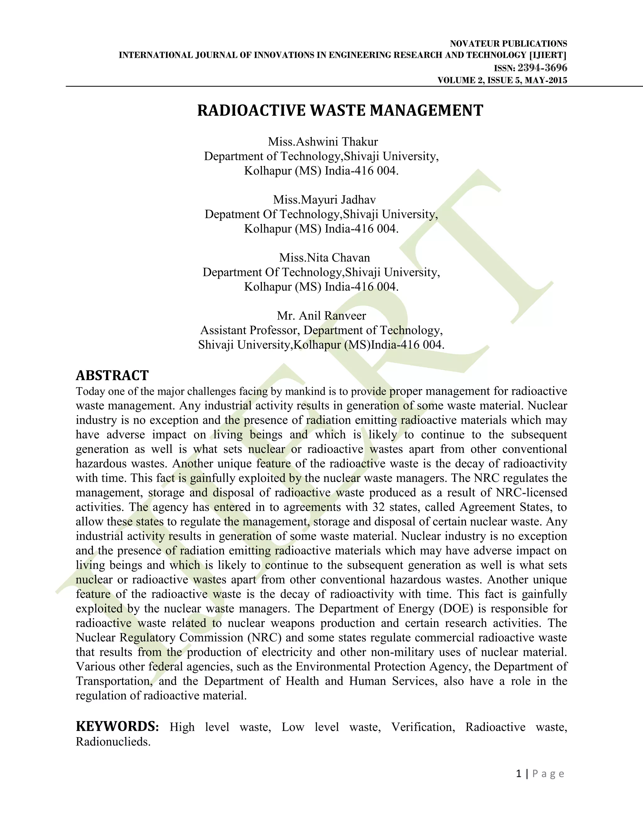 RADIOACTIVE WASTE MANAGEMENT | PDF