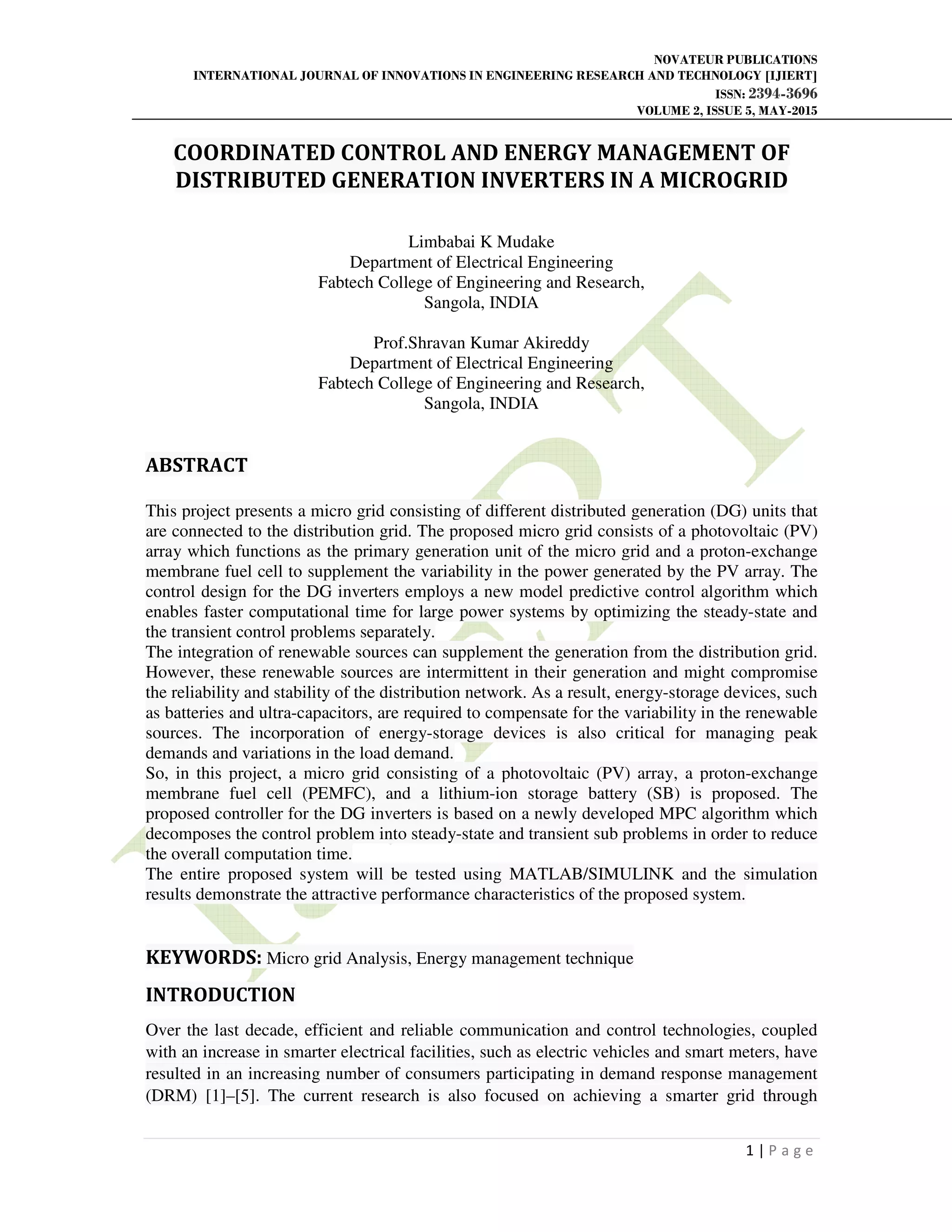 COORDINATED CONTROL AND ENERGY MANAGEMENT OF DISTRIBUTED GENERATION INVERTERS IN A MICROGRID | PDF
