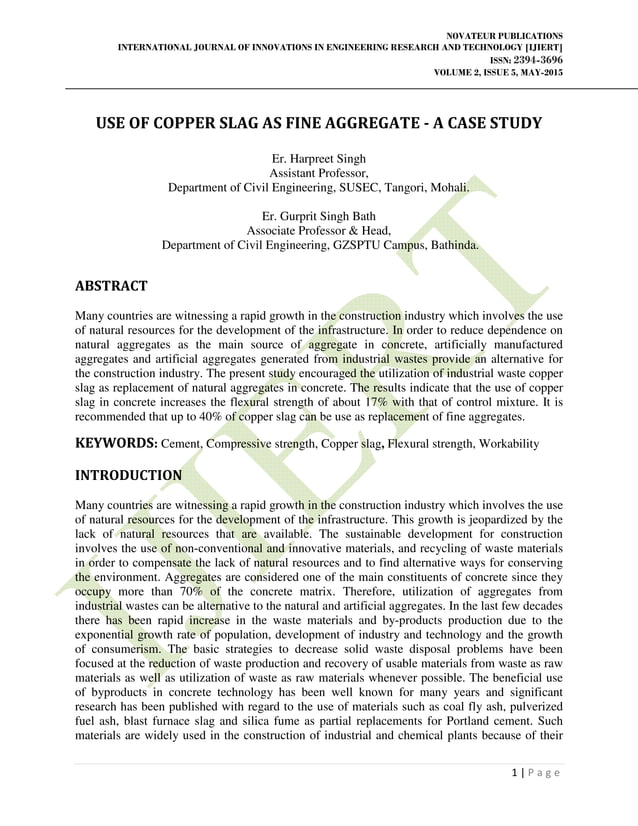 USE OF COPPER SLAG AS FINE AGGREGATE ‐ A CASE STUDY | PDF