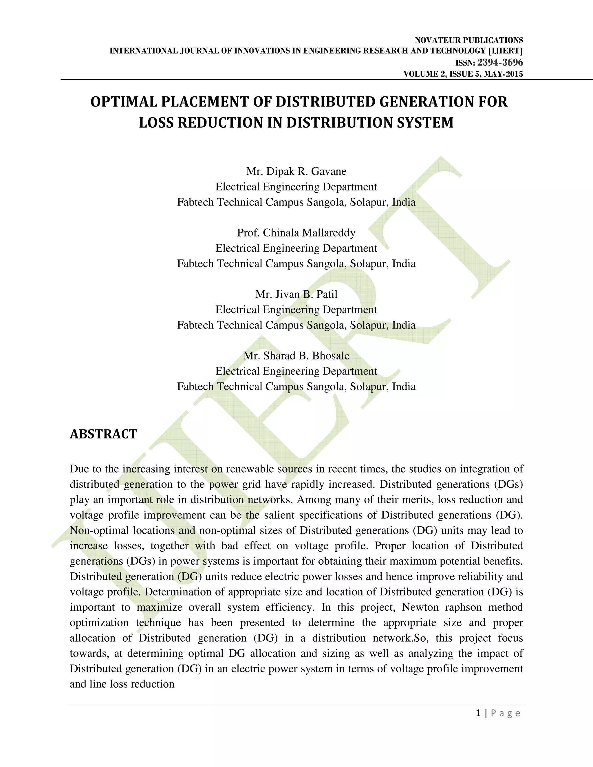 Optimal Placement Of Distributed Generation For Loss Reduction In