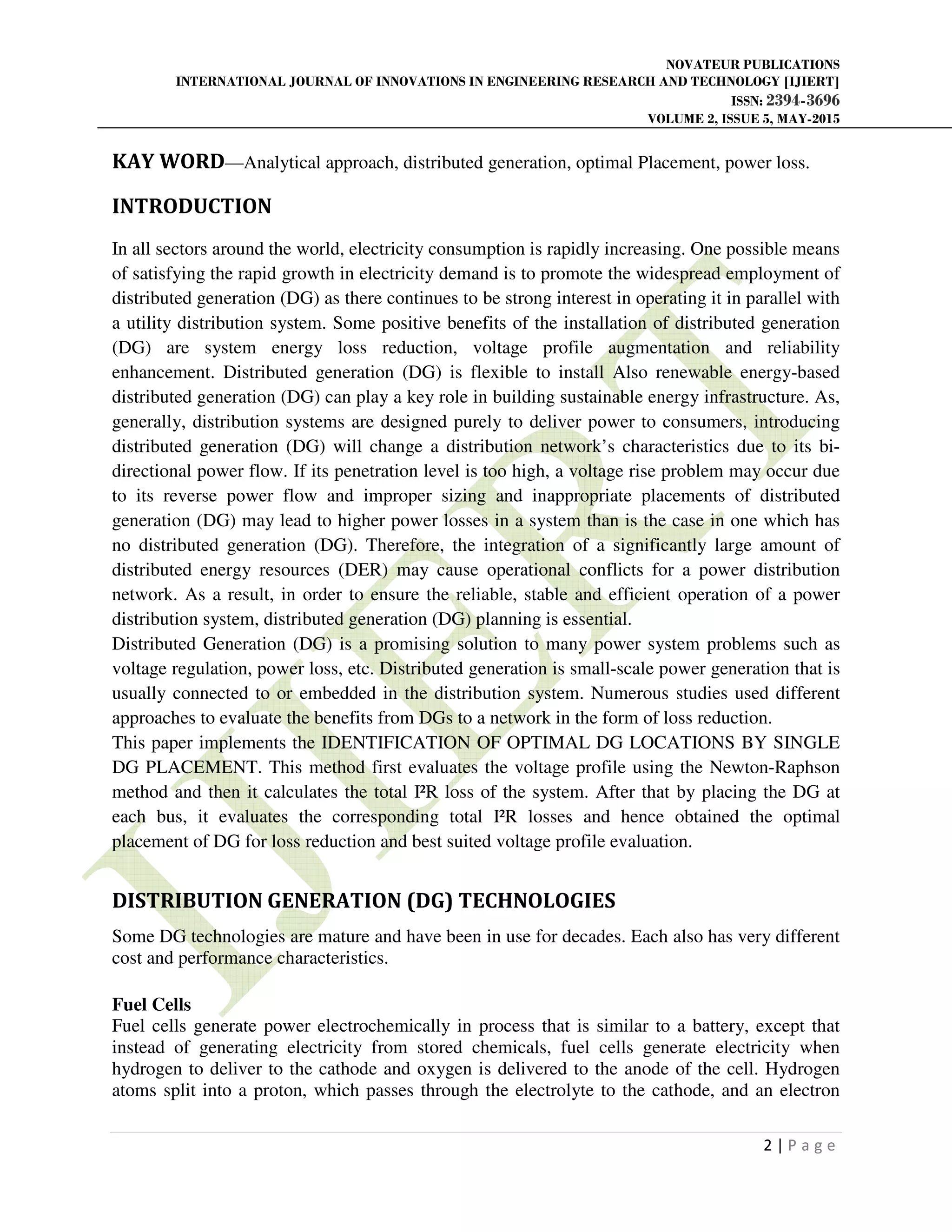Optimal Placement Of Distributed Generation For Loss Reduction In Distribution System Pdf