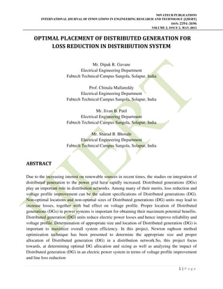 OPTIMAL PLACEMENT OF DISTRIBUTED GENERATION FOR LOSS REDUCTION IN DISTRIBUTION SYSTEM | PDF ...
