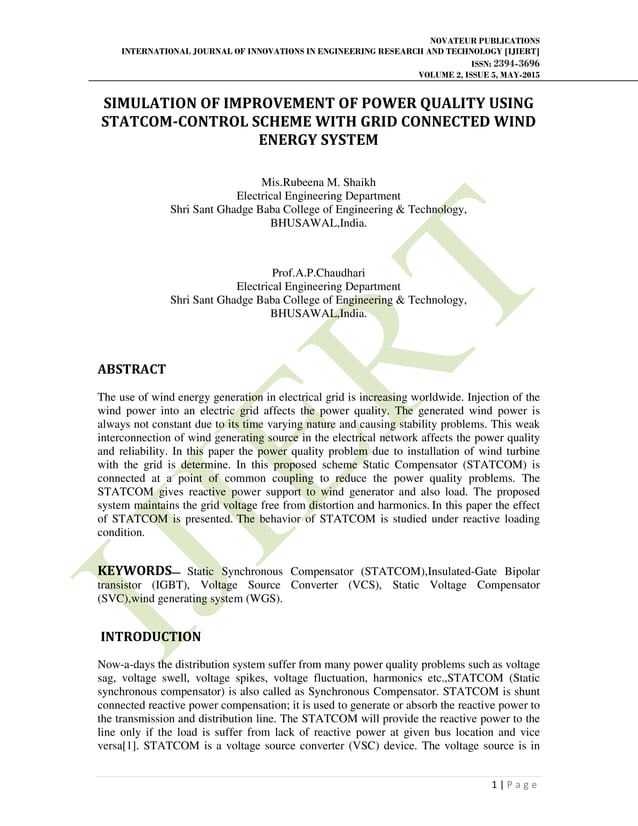 SIMULATION OF IMPROVEMENT OF POWER QUALITY USING STATCOM-CONTROL SCHEME WITH GRID CONNECTED WIND ...