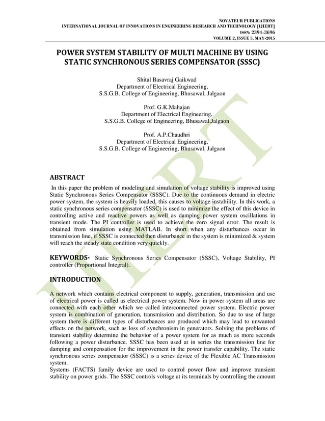 POWER SYSTEM STABILITY OF MULTI MACHINE BY USING STATIC SYNCHRONOUS SERIES COMPENSATOR (SSSC) | PDF