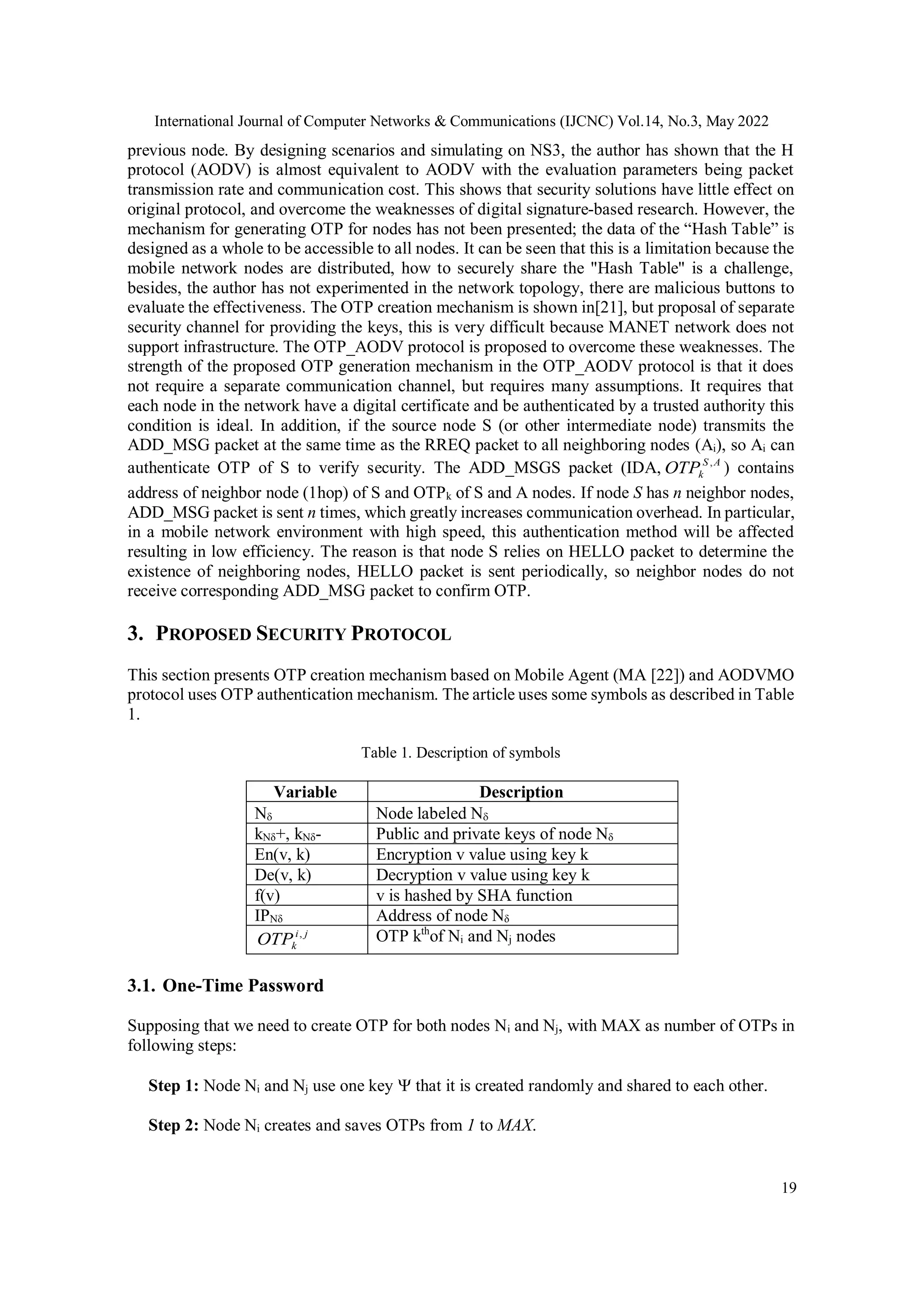 AODVMO: A SECURITY ROUTING PROTOCOL USING ONE-TIME PASSWORD AUTHENTICATION MECHANISM BASED ON ...