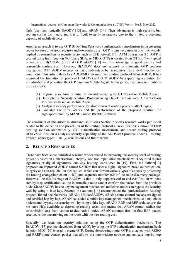 AODVMO: A SECURITY ROUTING PROTOCOL USING ONE-TIME PASSWORD AUTHENTICATION MECHANISM BASED ON ...