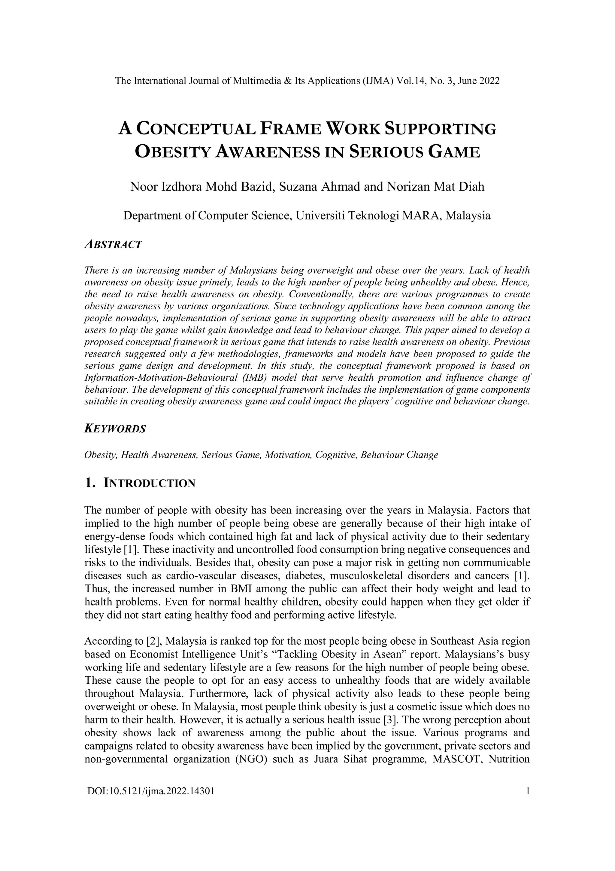 A CONCEPTUAL FRAME WORK SUPPORTING OBESITY AWARENESS IN SERIOUS GAME | PDF