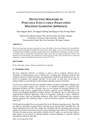 DETECTING MALWARE IN PORTABLE EXECUTABLE FILES USING MACHINE LEARNING APPROACH | PDF