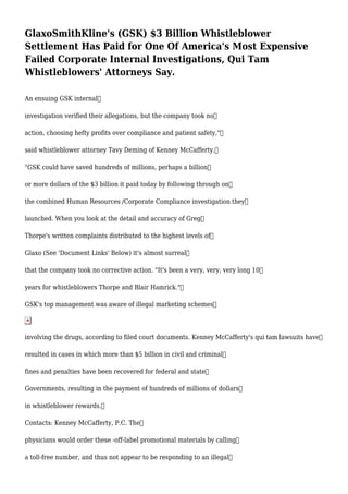 GlaxoSmithKline's (GSK) $3 Billion Whistleblower Settlement Has Paid ...