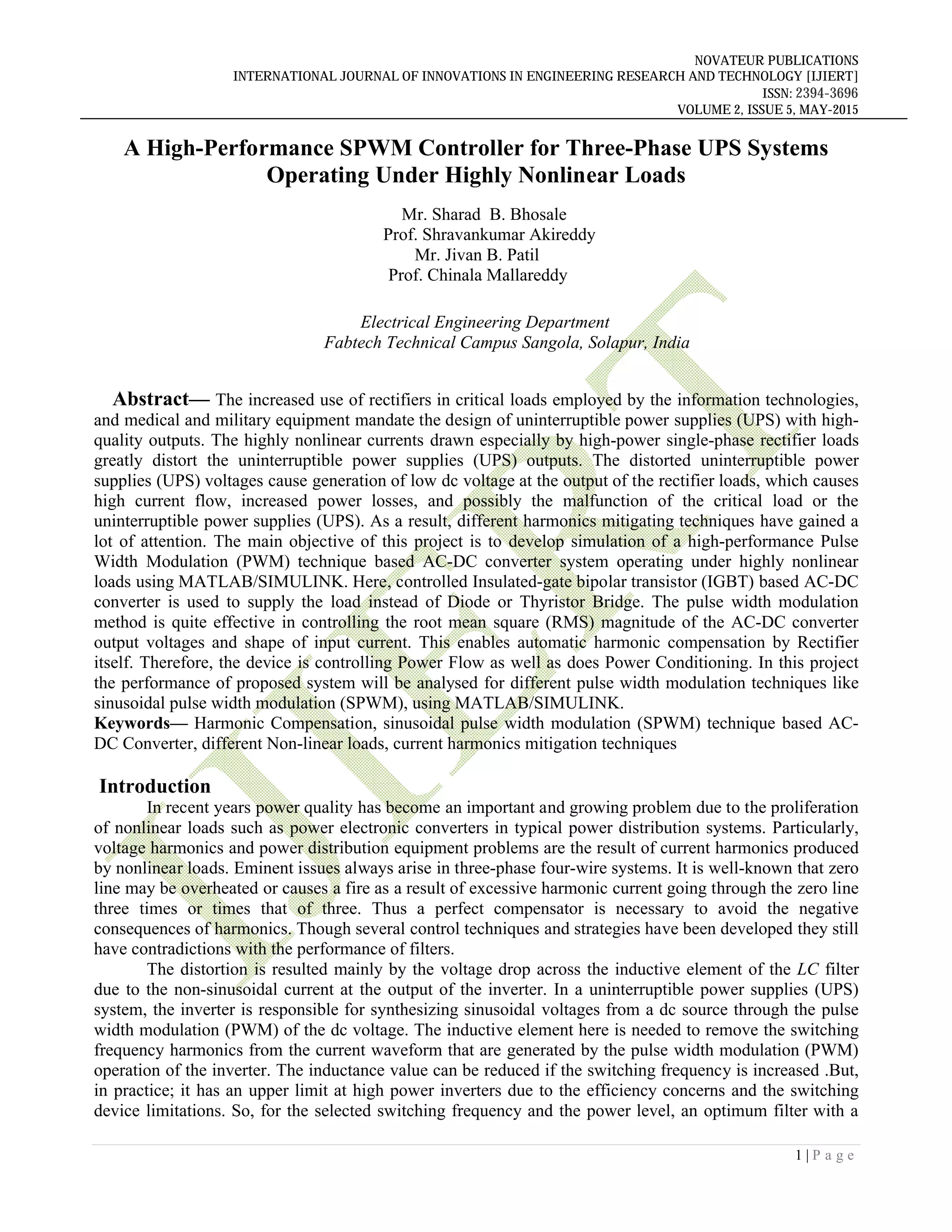A High-Performance SPWM Controller for Three-Phase UPS Systems Operating Under Highly Nonlinear ...