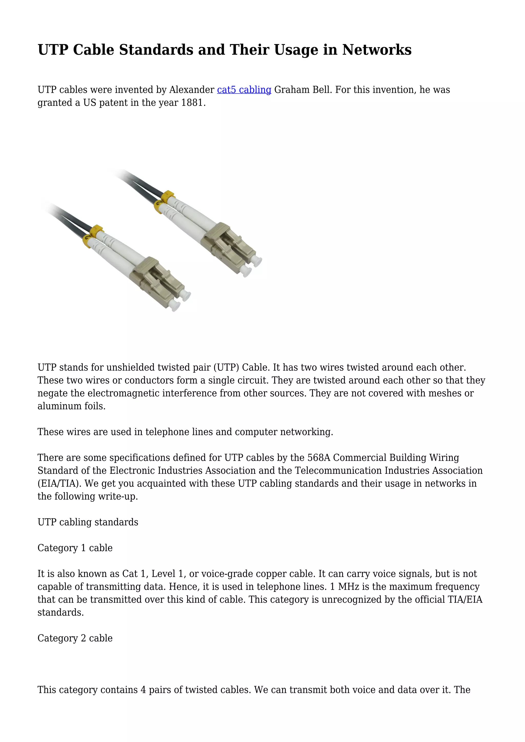 UTP Cable Standards and Their Usage in Networks | PDF