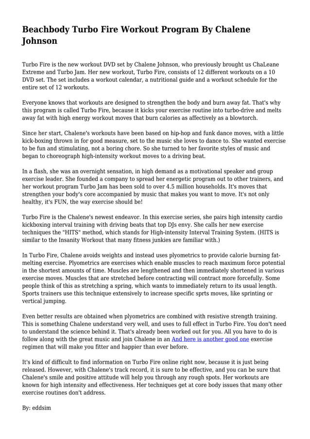 Beachbody Turbo Fire Workout Program By Chalene Johnson | PDF