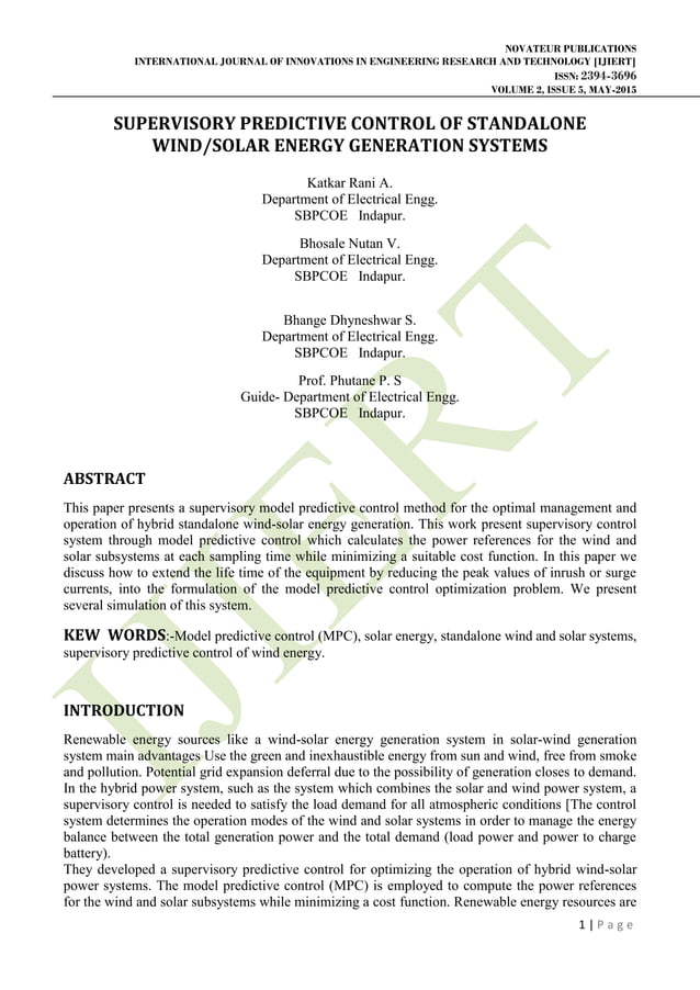 SUPERVISORY PREDICTIVE CONTROL OF STANDALONE WIND/SOLAR ENERGY GENERATION SYSTEMS | PDF