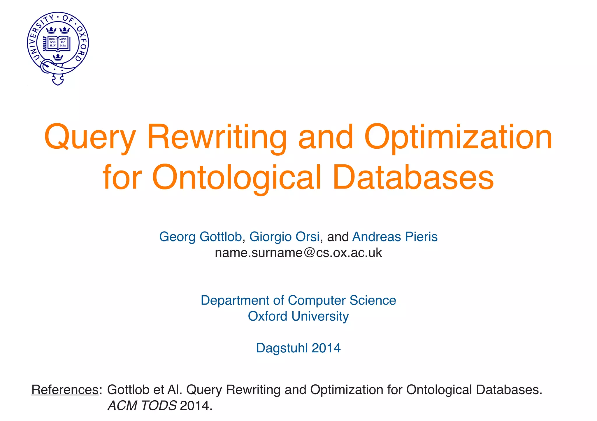 Query Rewriting and Optimization for Ontological Databases | PPT