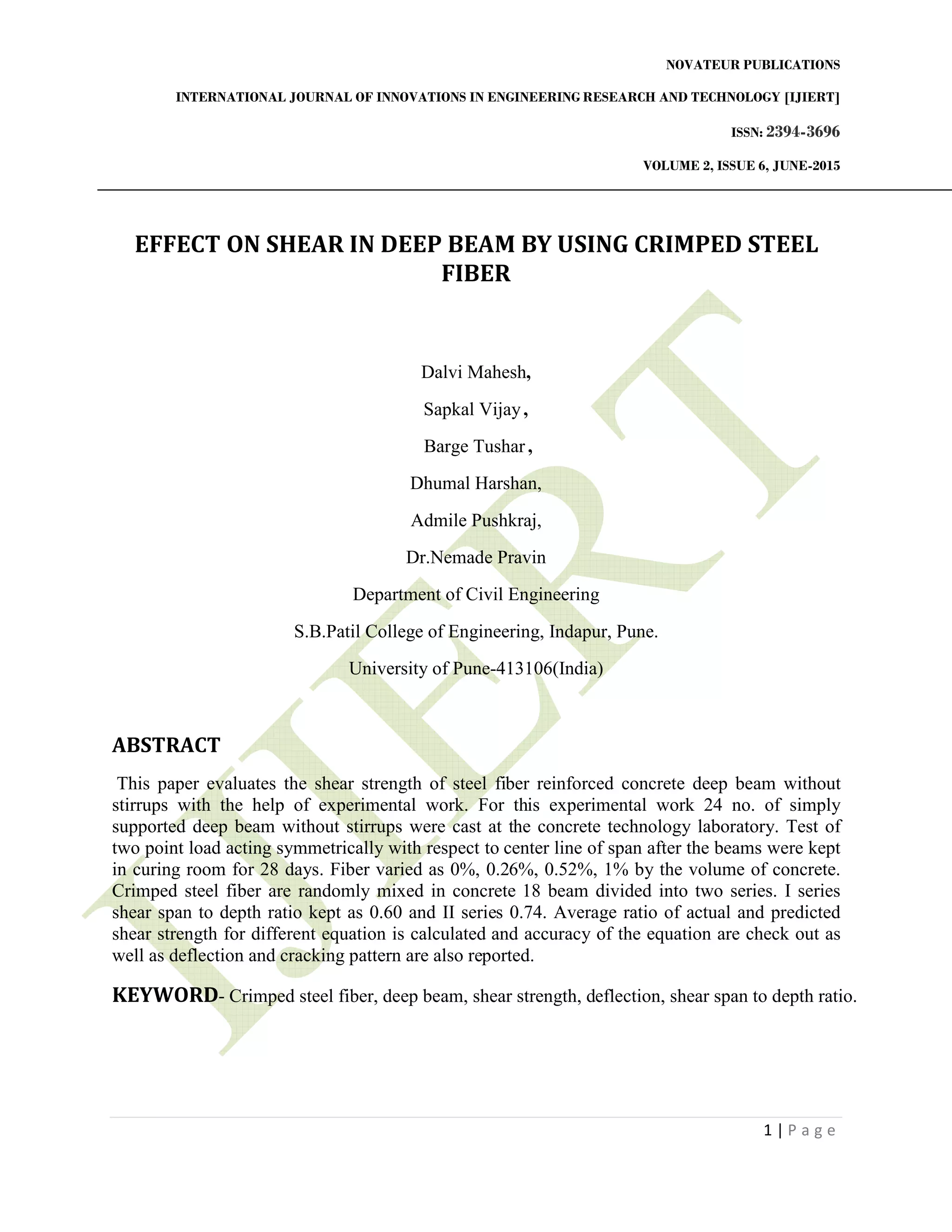 EFFECT ON SHEAR IN DEEP BEAM BY USING CRIMPED STEEL FIBER | PDF